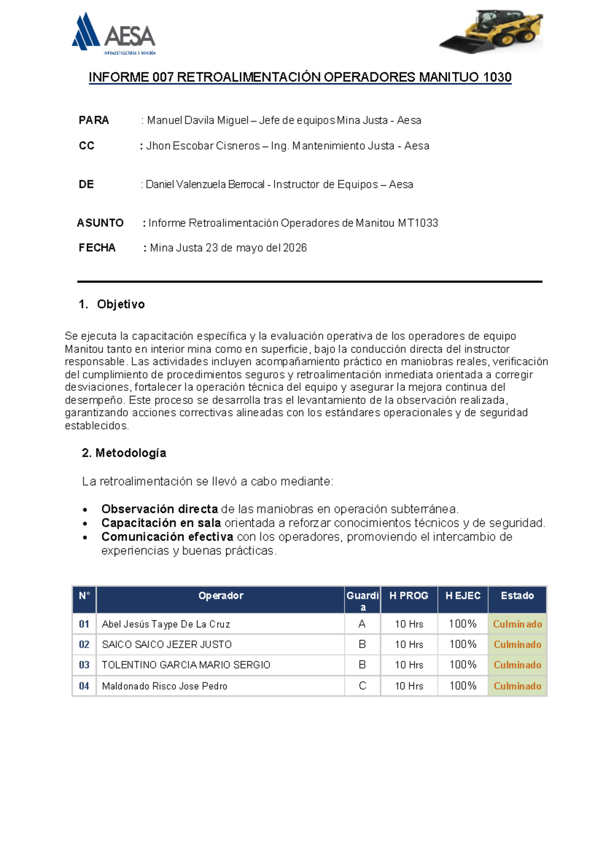 Informe 007: Retroalimentación Operadores Manitou MT1033 - Studocu