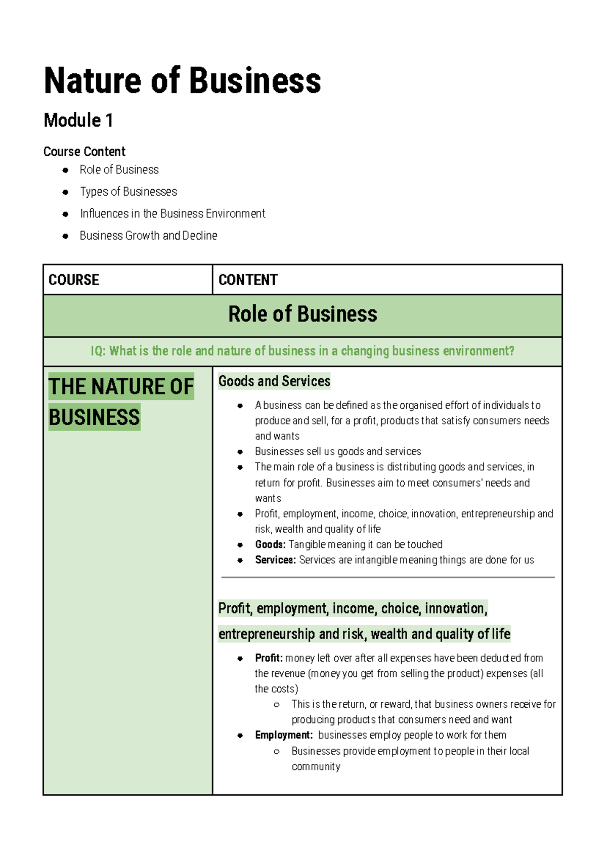 Business Module 1 Notes - Google Docs - Nature of Business Module 1 ...