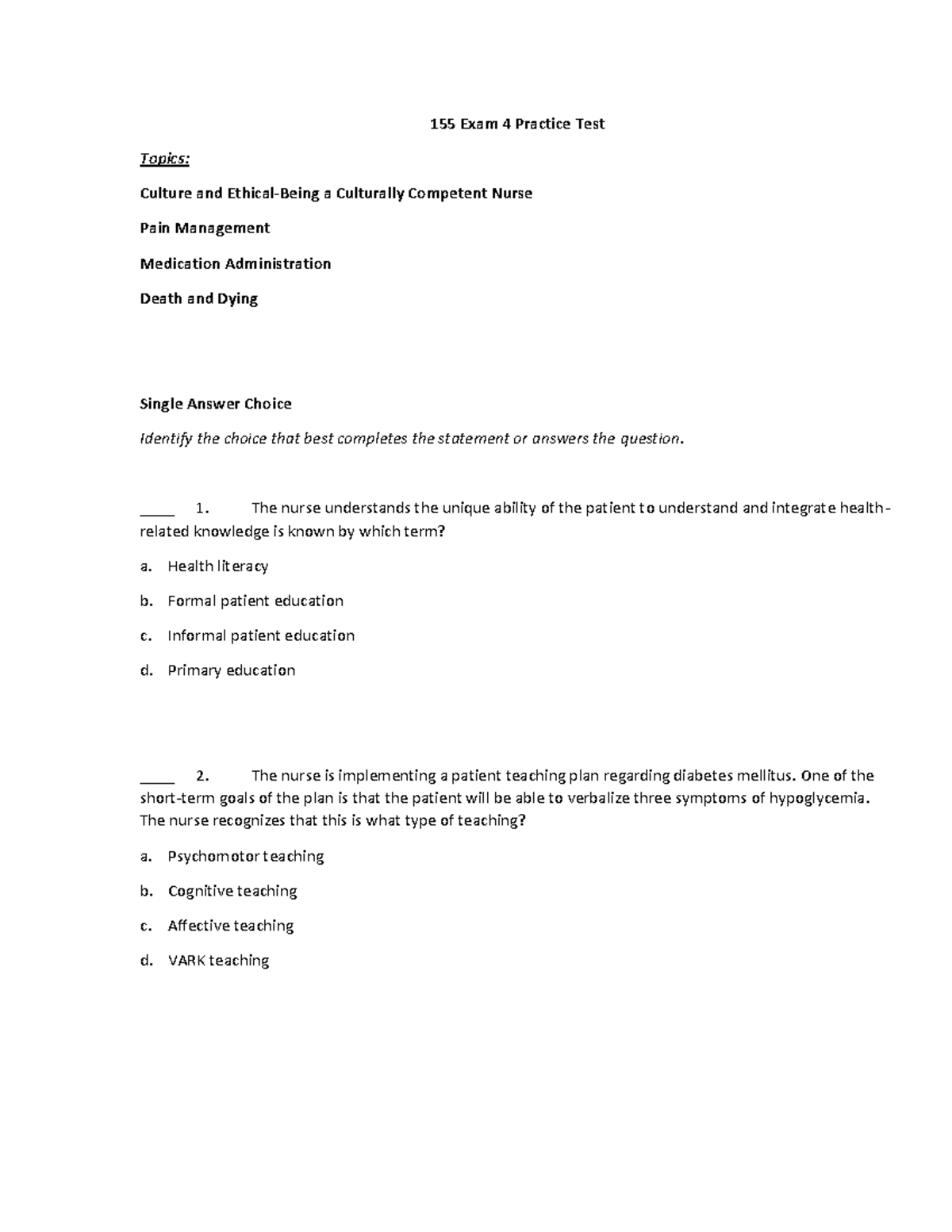 NUR 155 Exam 4 NCLEX Practice Test: Culture, Pain Management, and Care ...