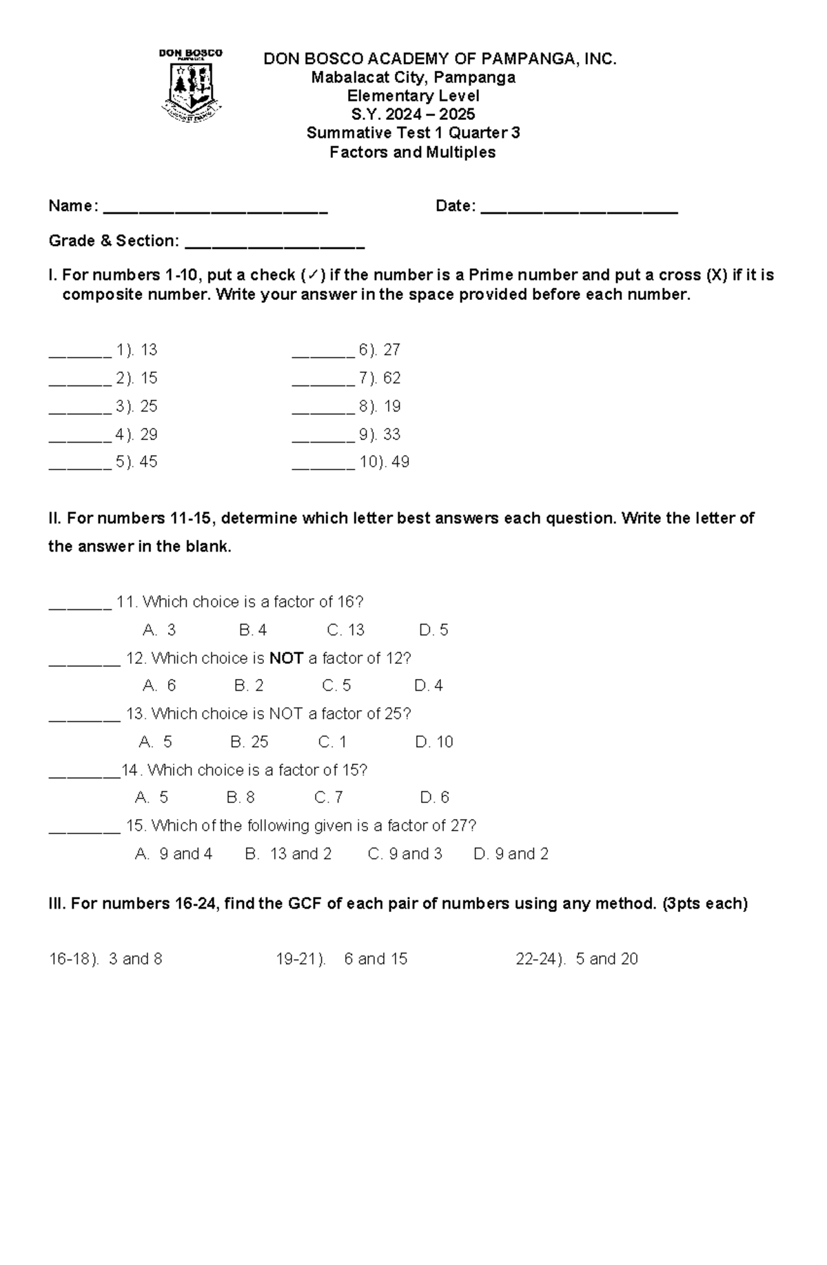 Summative Test 1 for MATH 4 Q3: Factors and Multiples Assessment - Studocu