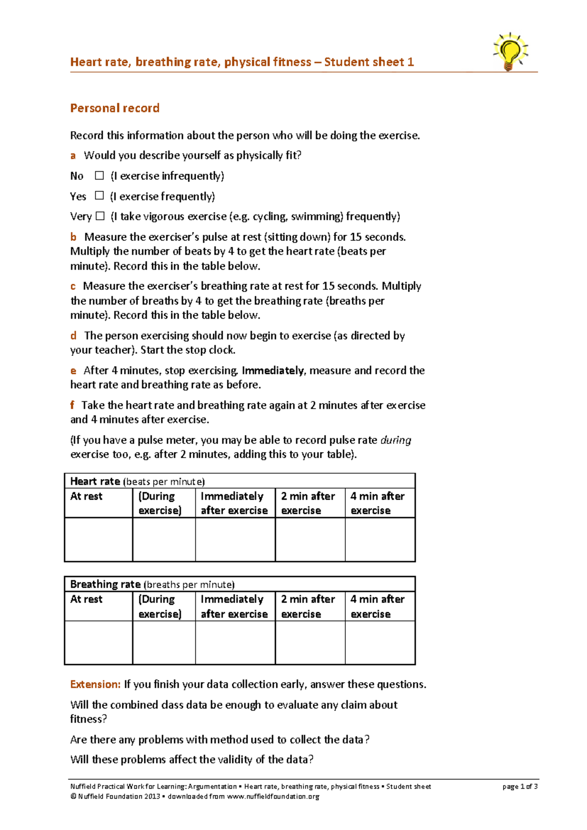 Effect of Exercise on Heart Rate and Breathing Rates - Nuffield ...