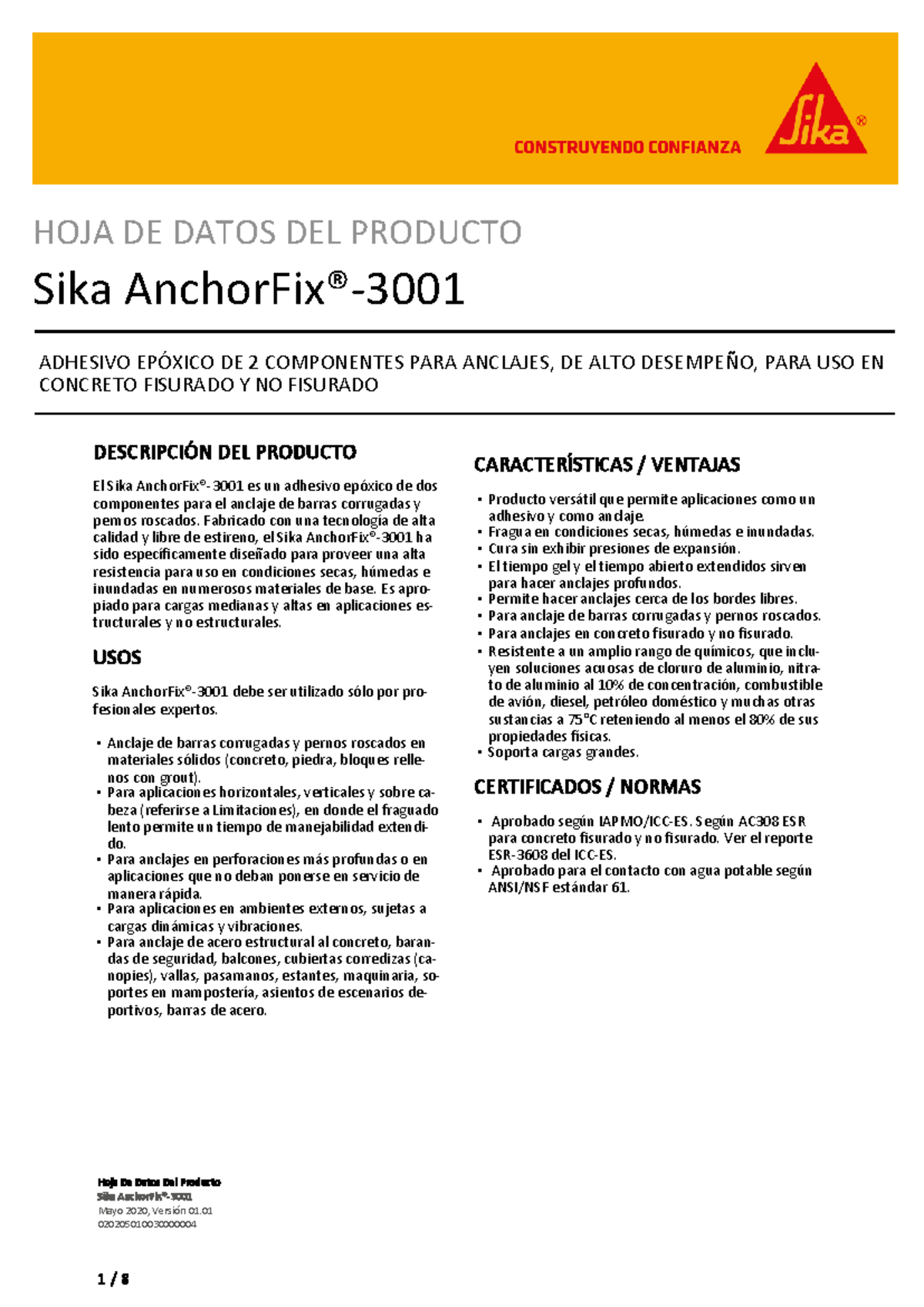 Fichas Técnicas: Sika AnchorFix®-3001 - MSDS y Aplicaciones - Studocu
