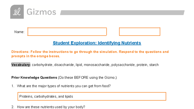 Gizmo Exploration: Identifying Nutrients in Food Samples - Studocu