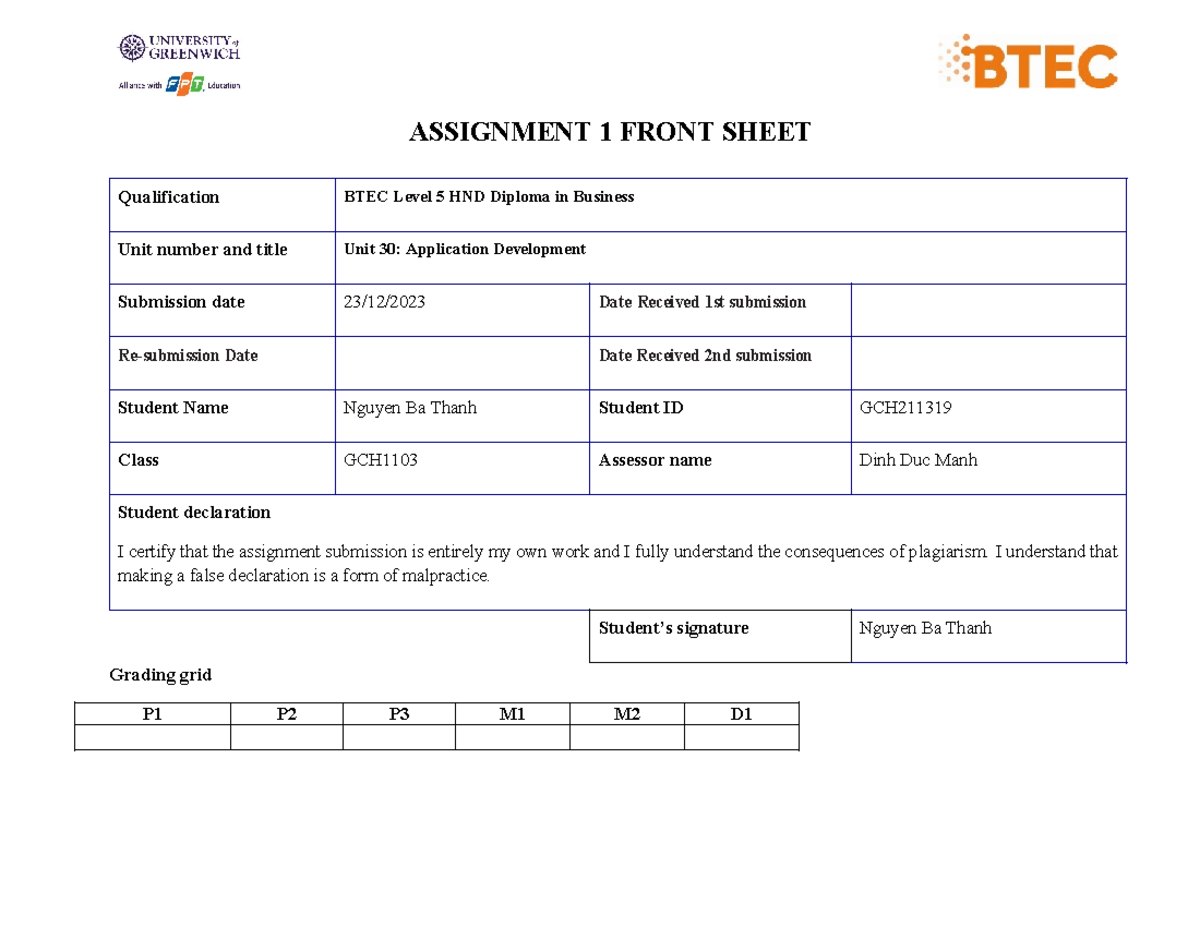 1 Unit 30 - Assignment 1 frontsheet - ASSIGNMENT 1 FRONT SHEET Qualification BTEC Level 5 HND ...