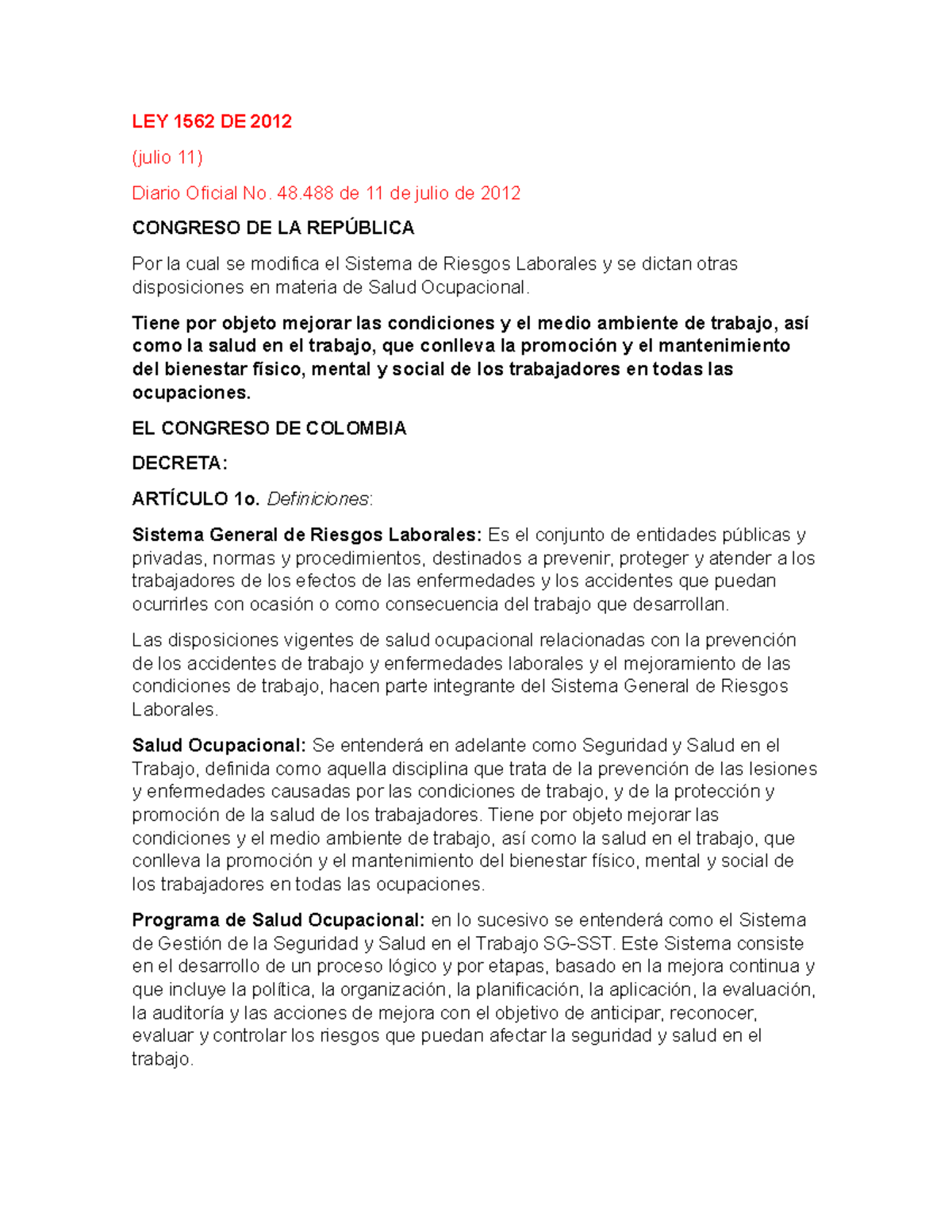 LEY 1562 DE 2012: Modificación del Sistema de Riesgos Laborales en ...