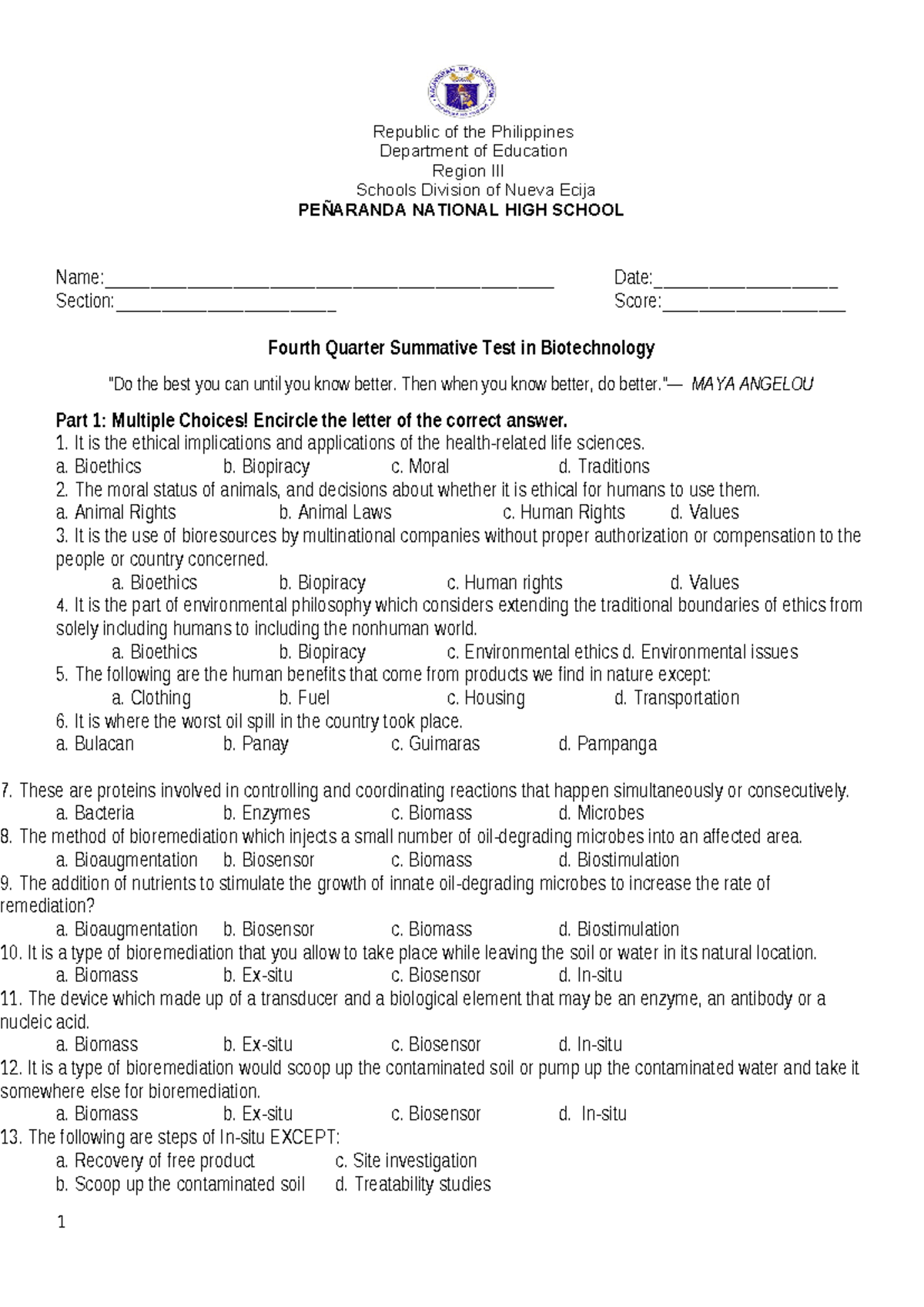 Fourth Quarter Summative Exam in Biotechnology (Biotech 101) - Studocu