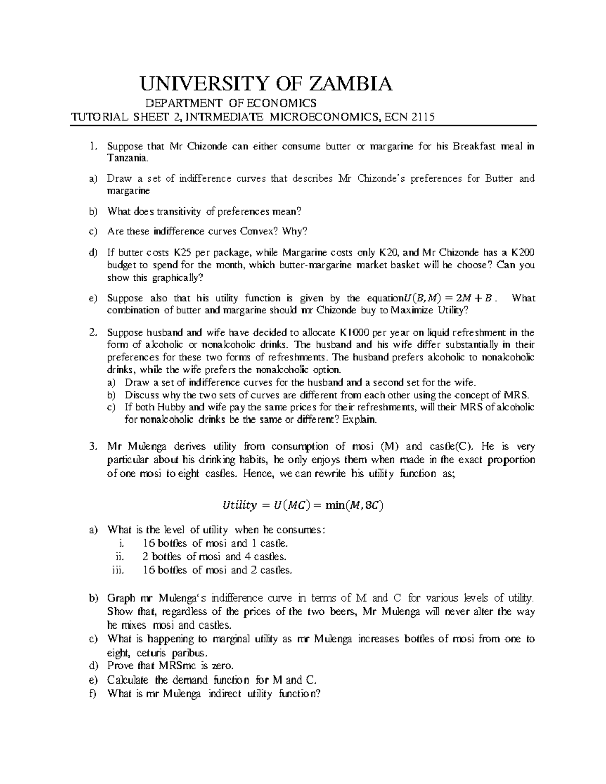 ECN 2115: Intermediate Microeconomics Tutorial Sheet 2 Analysis - Studocu