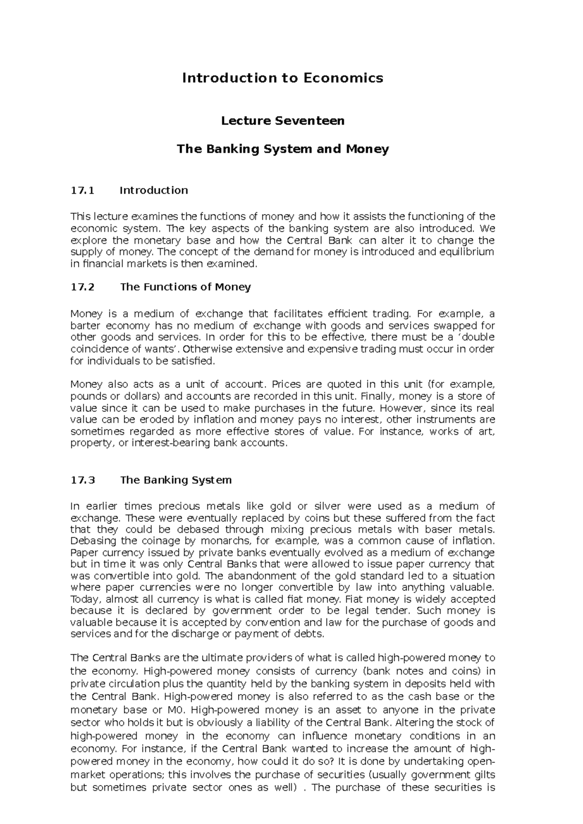 Lecture 17: Money, Banking, and Inflation in Economics - Studocu