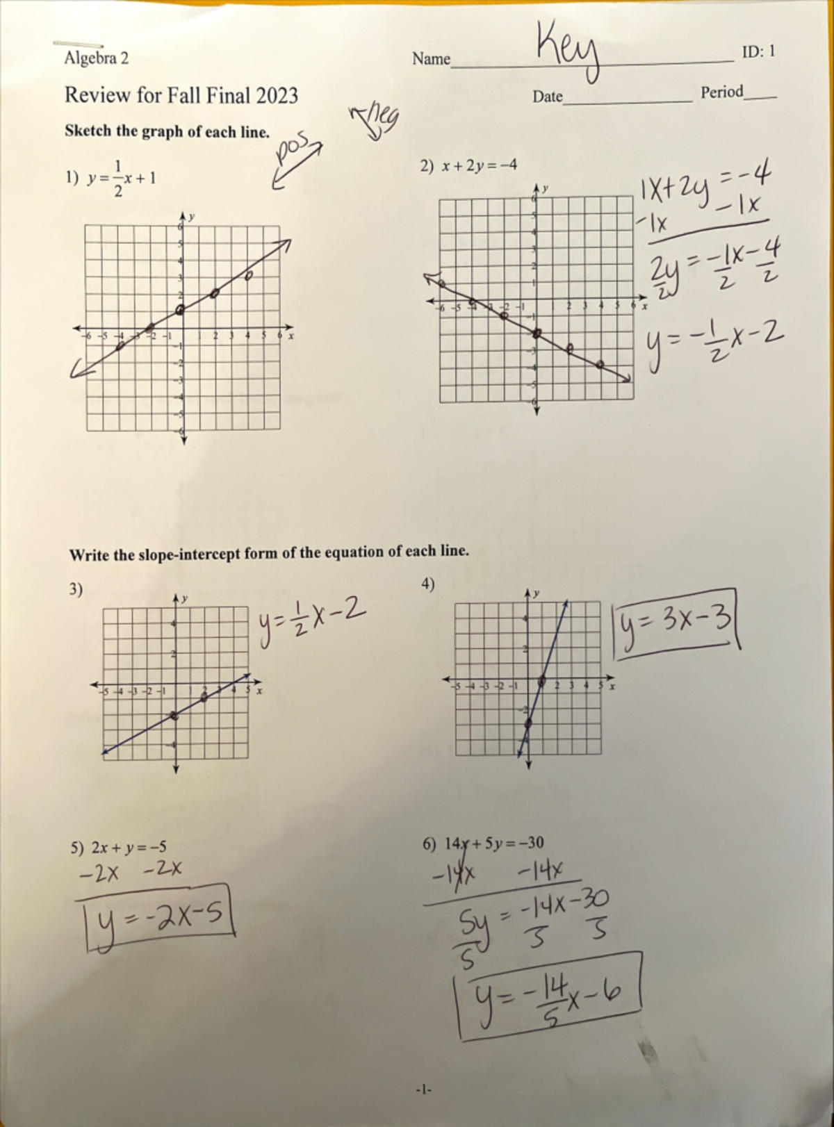 SM1 Final Review Answer KEY - Algebra 2 Name Key ID: 1 Review for Fall ...