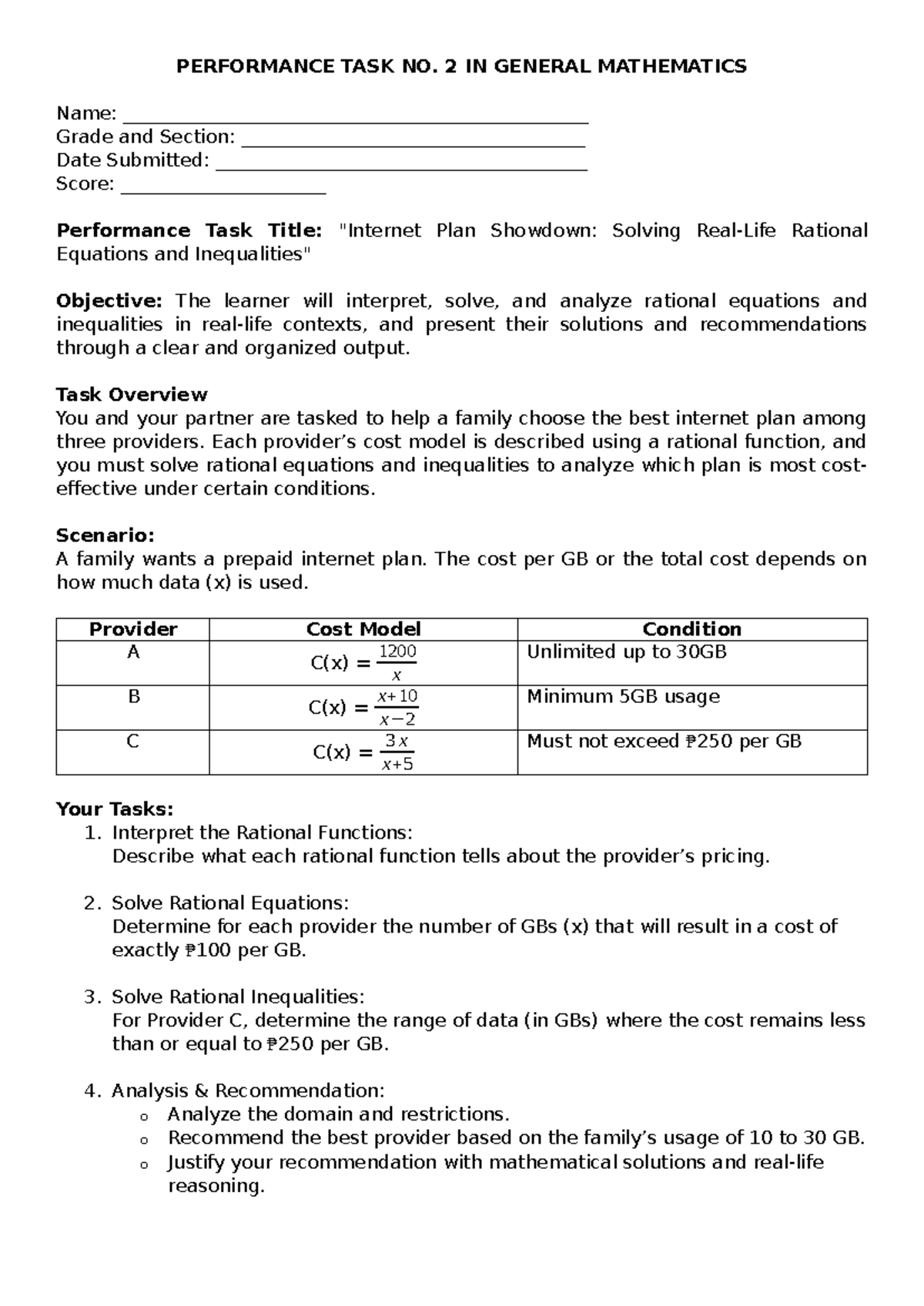 Performance Task No. 2: Analyzing Internet Plans in General Math - Studocu