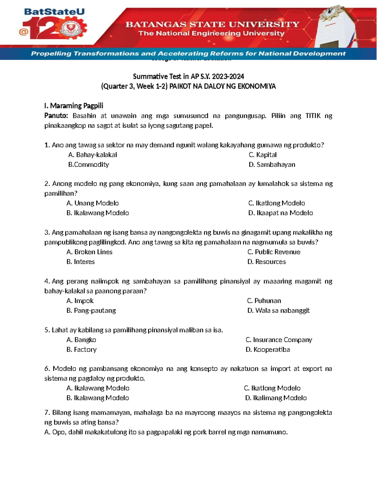 Summative Test in AP S.Y. 2023: Paikot na Daloy ng Ekonomiya - Studocu