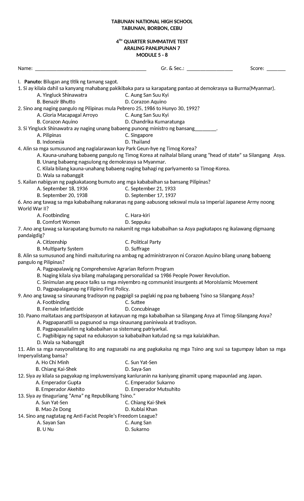 AP 7 4th Qtr Summative Test Modules 5-8: Araling Panlipunan Insights ...