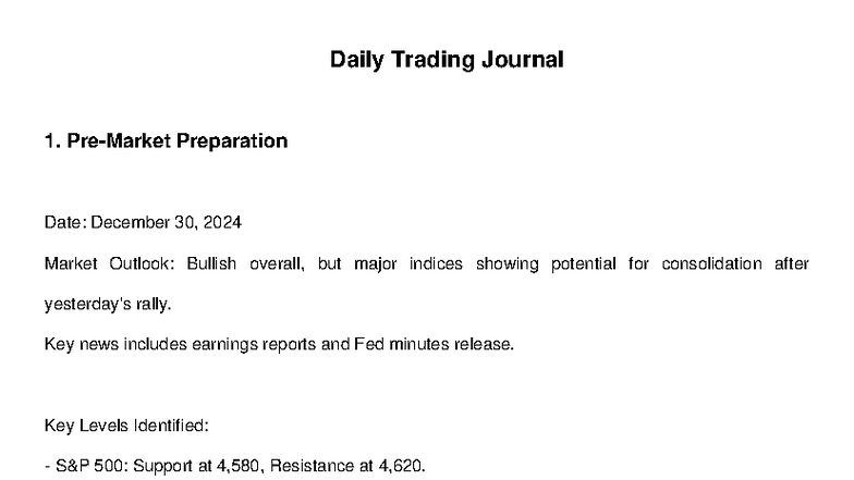 Daily Trading Journal Example: Market Outlook & Trade Log - Studocu