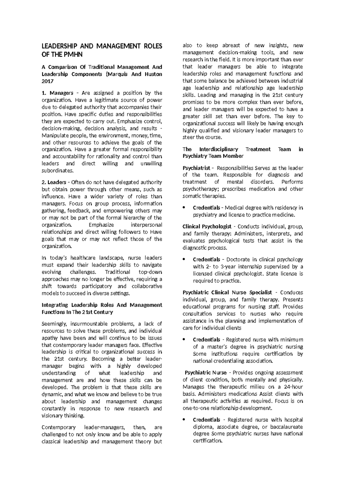 Leadership Roles & Management in PMHN: A Comprehensive Overview - Studocu