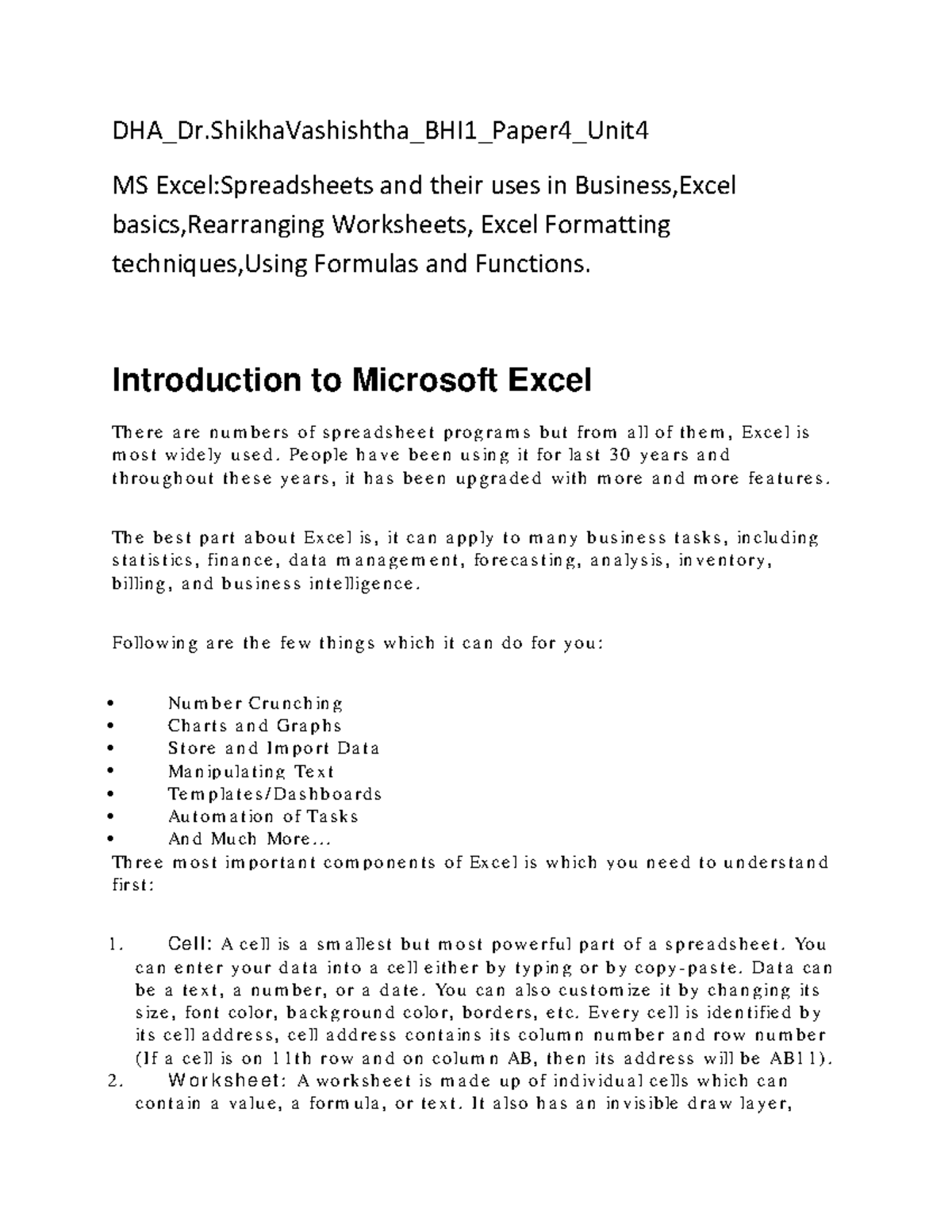 DHA_Dr.ShikhaVashishtha_BHI1_Excel_Summary_Notes - Studocu