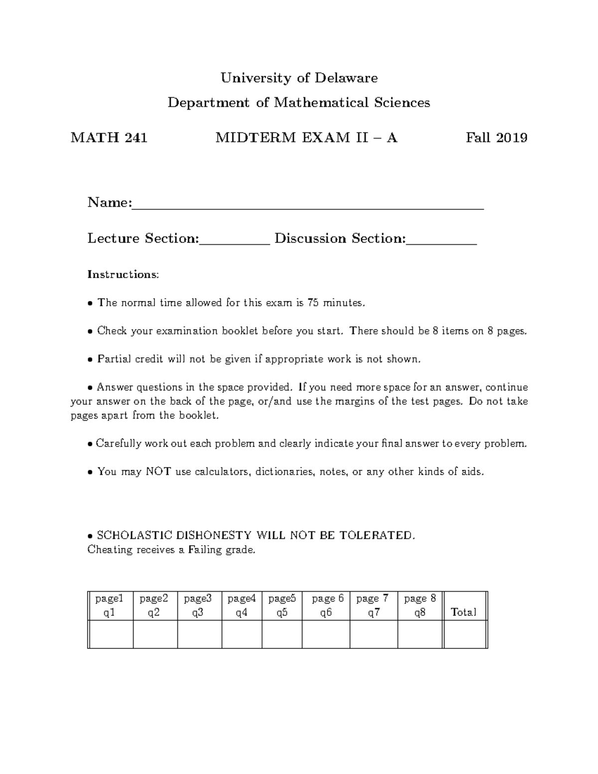 Math241 F19 M2 v A - midterm - University of Delaware Department of ...