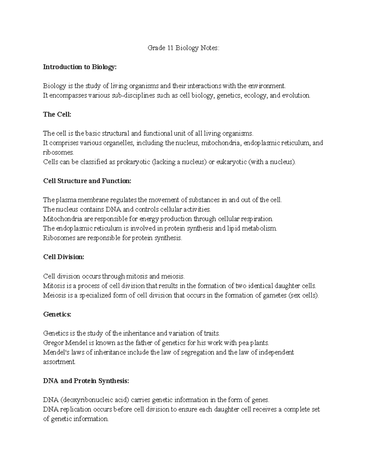Grade 11 Biology Notes: Key Concepts and Important Topics - Studocu