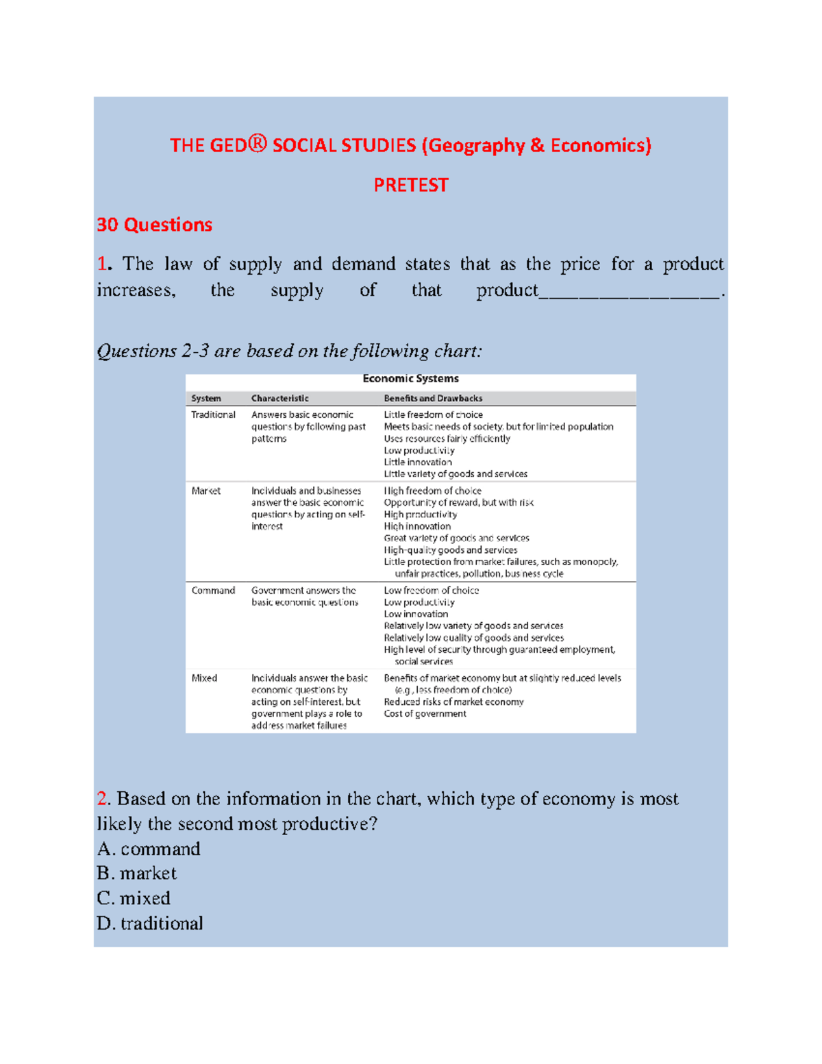 GED® Social Studies Pretest: Geography & Economics Practice Test - Studocu