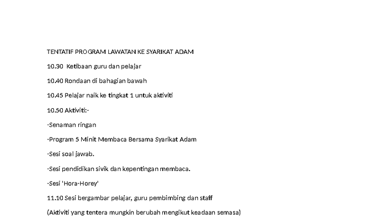 Tentatif Program Lawatan KE Syarikat ADAM - TENTATIF PROGRAM LAWATAN KE ...