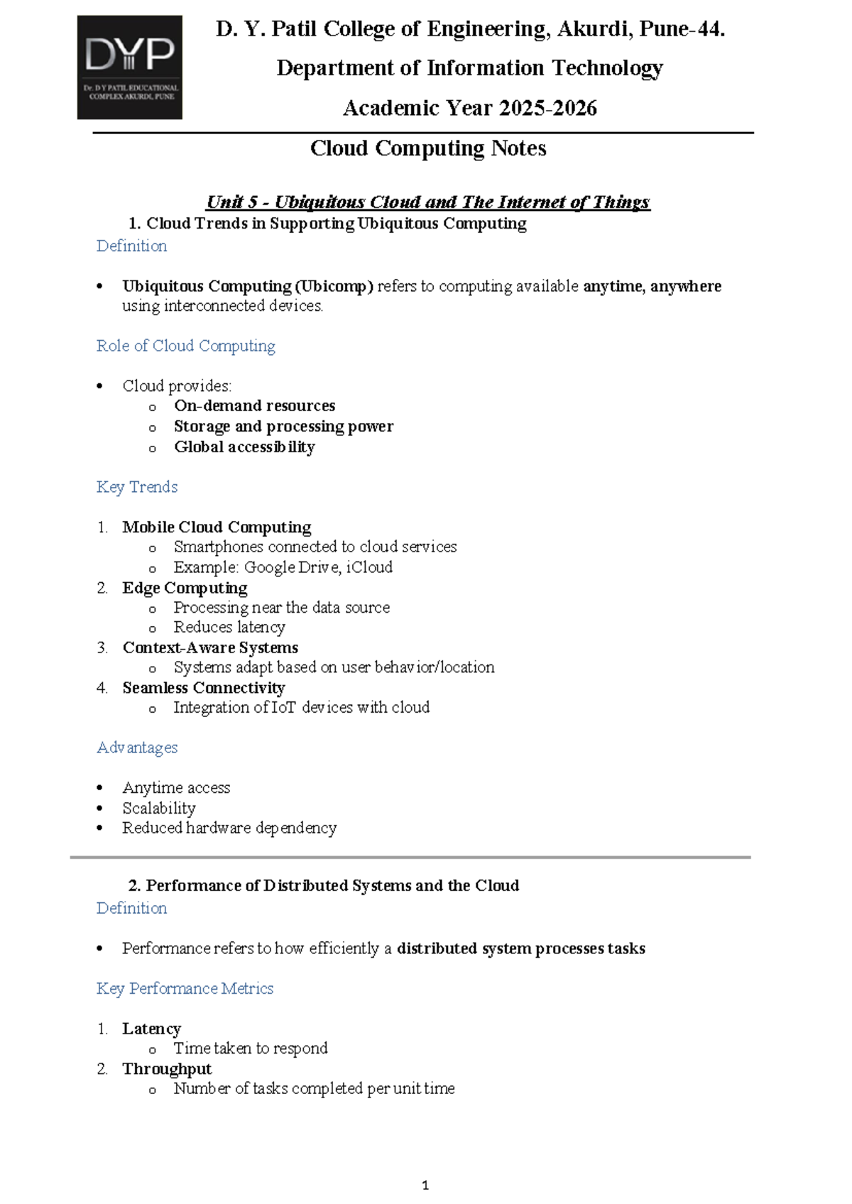 CC Unit 5 Notes: Ubiquitous Cloud & IoT Trends and Technologies - Studocu