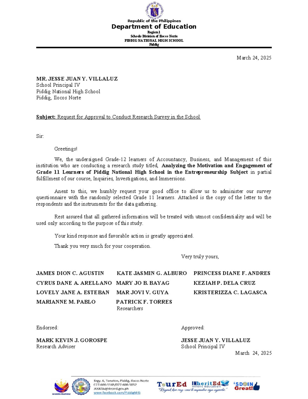 Request for Approval: Research Survey on Grade 11 ABM Learners - Studocu