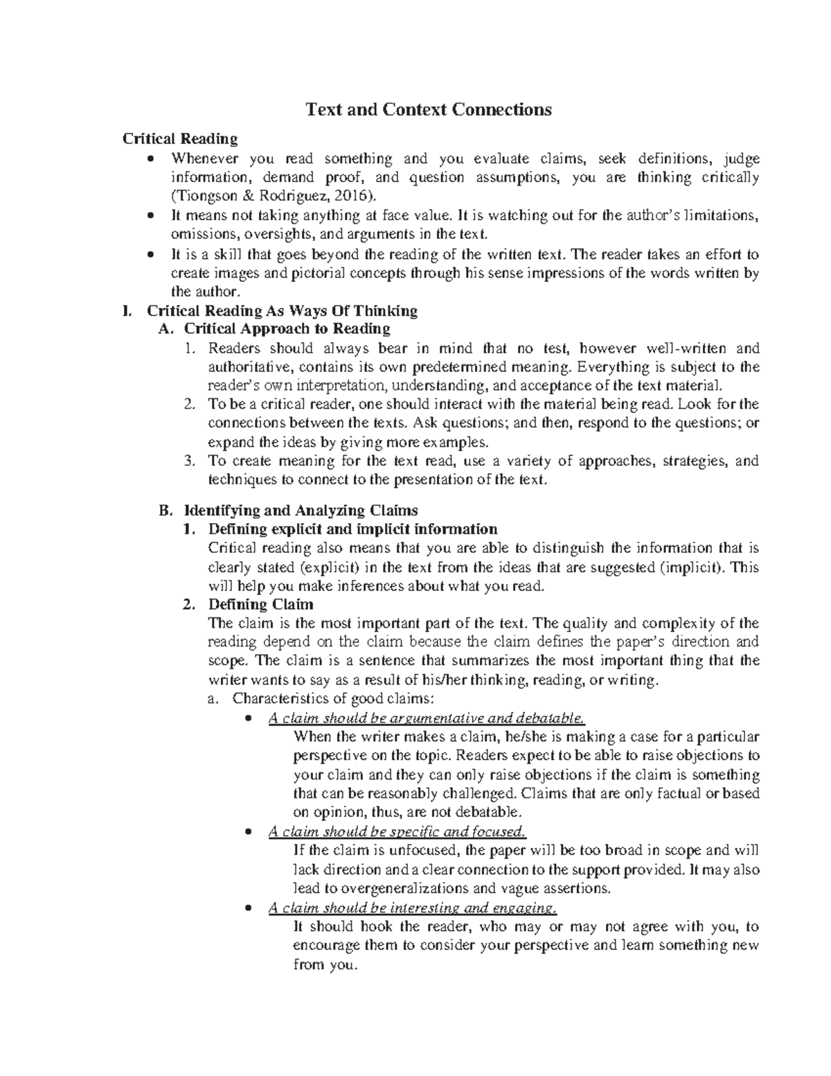 Critical Reading: Key Concepts and Claims Analysis - Studocu