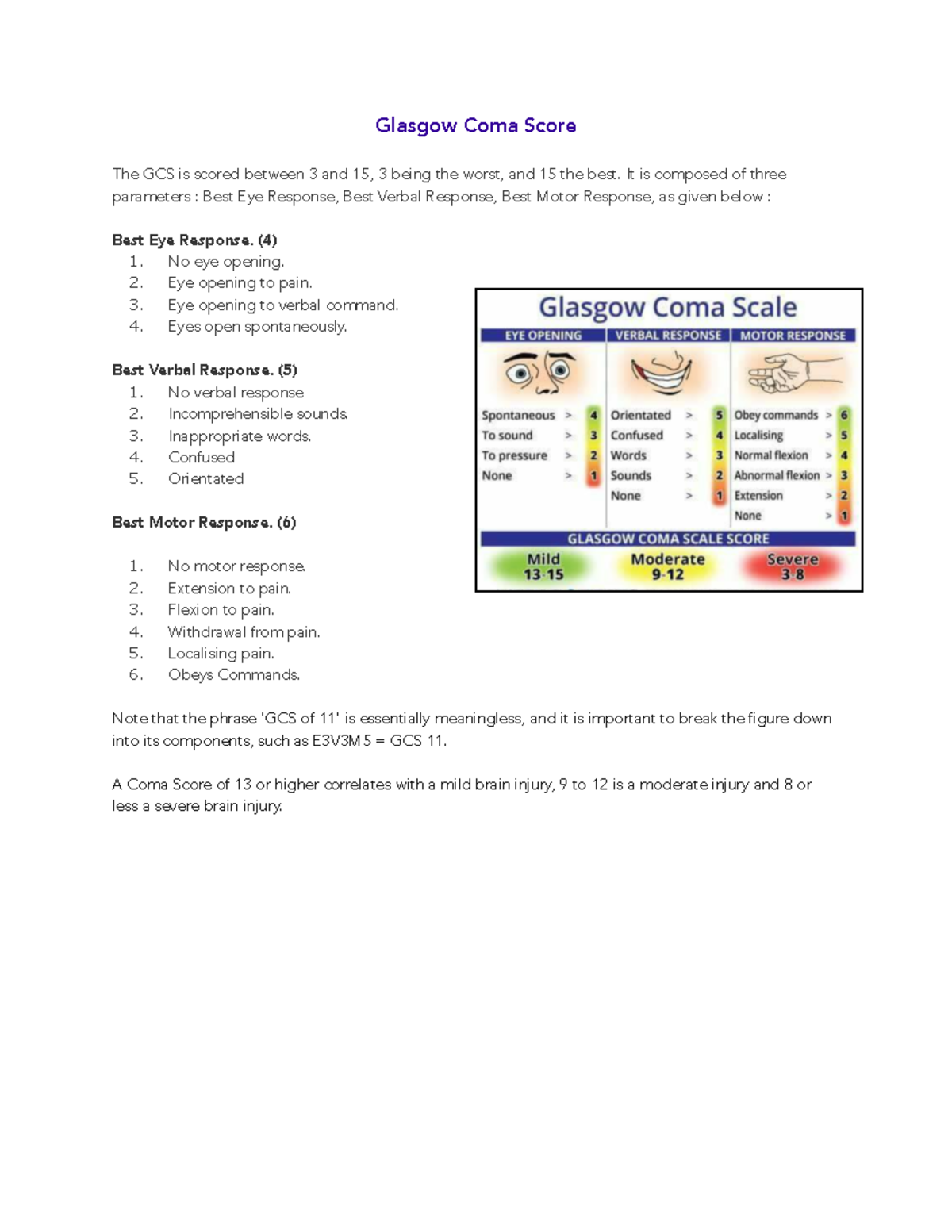 Glasgow Coma Scale (GCS) Scoring System Explained and Breakdown - Studocu