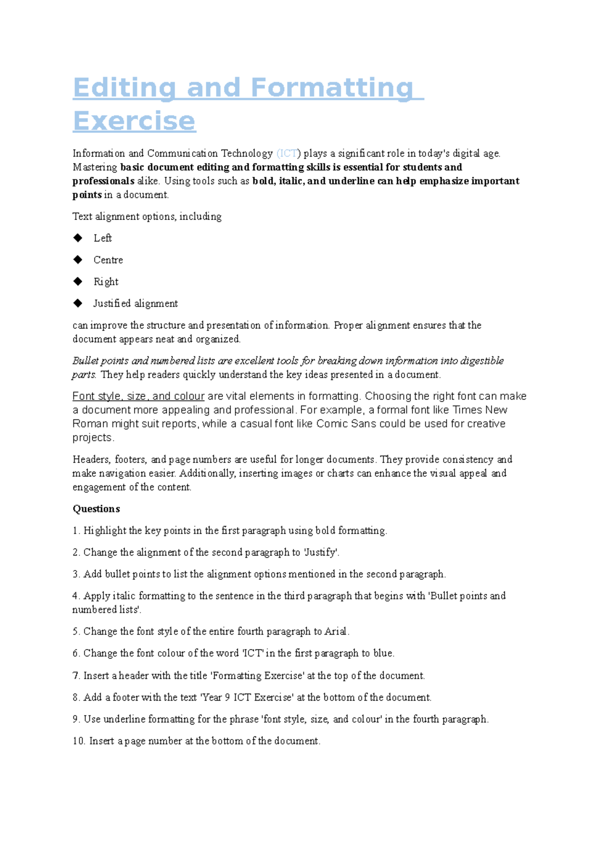 Editing and Formatting Exercise for ICT: Key Skills and Techniques ...