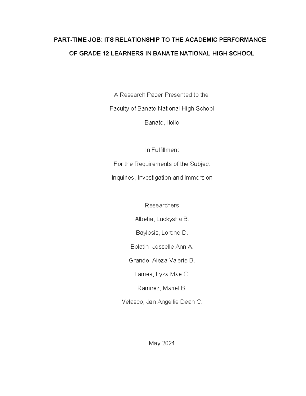 Part-Time Jobs and Academic Performance of Grade 12 Learners in ABM 12 ...