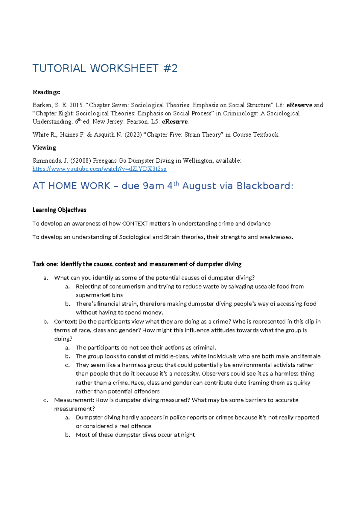 Tutorial Worksheet #2: Understanding Dumpster Diving in Sociology - Studocu