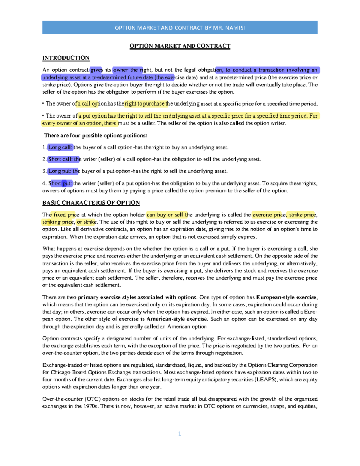 Option Contract (F) - notes - OPTION MARKET AND CONTRACT INTRODUCTION ...