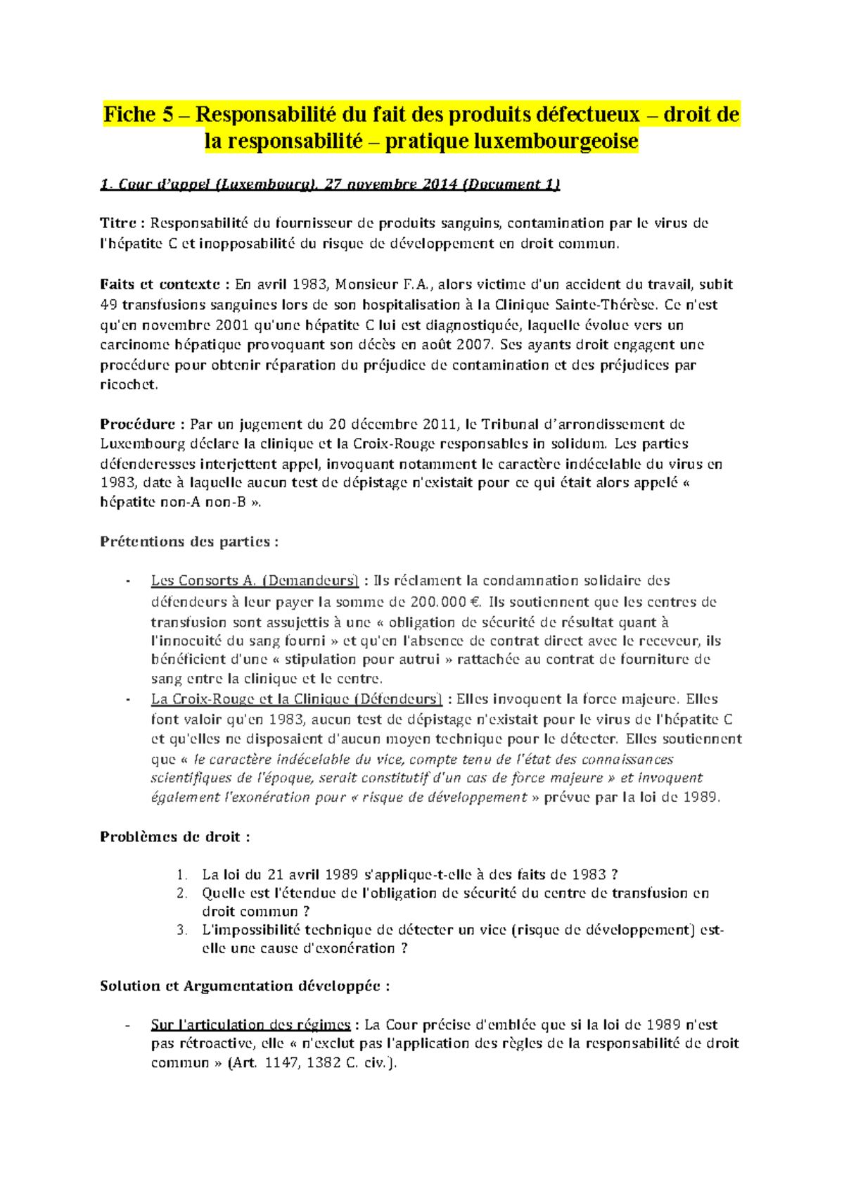 Fiche 5 : Responsabilité du Fait des Produits Défectueux en Droit ...