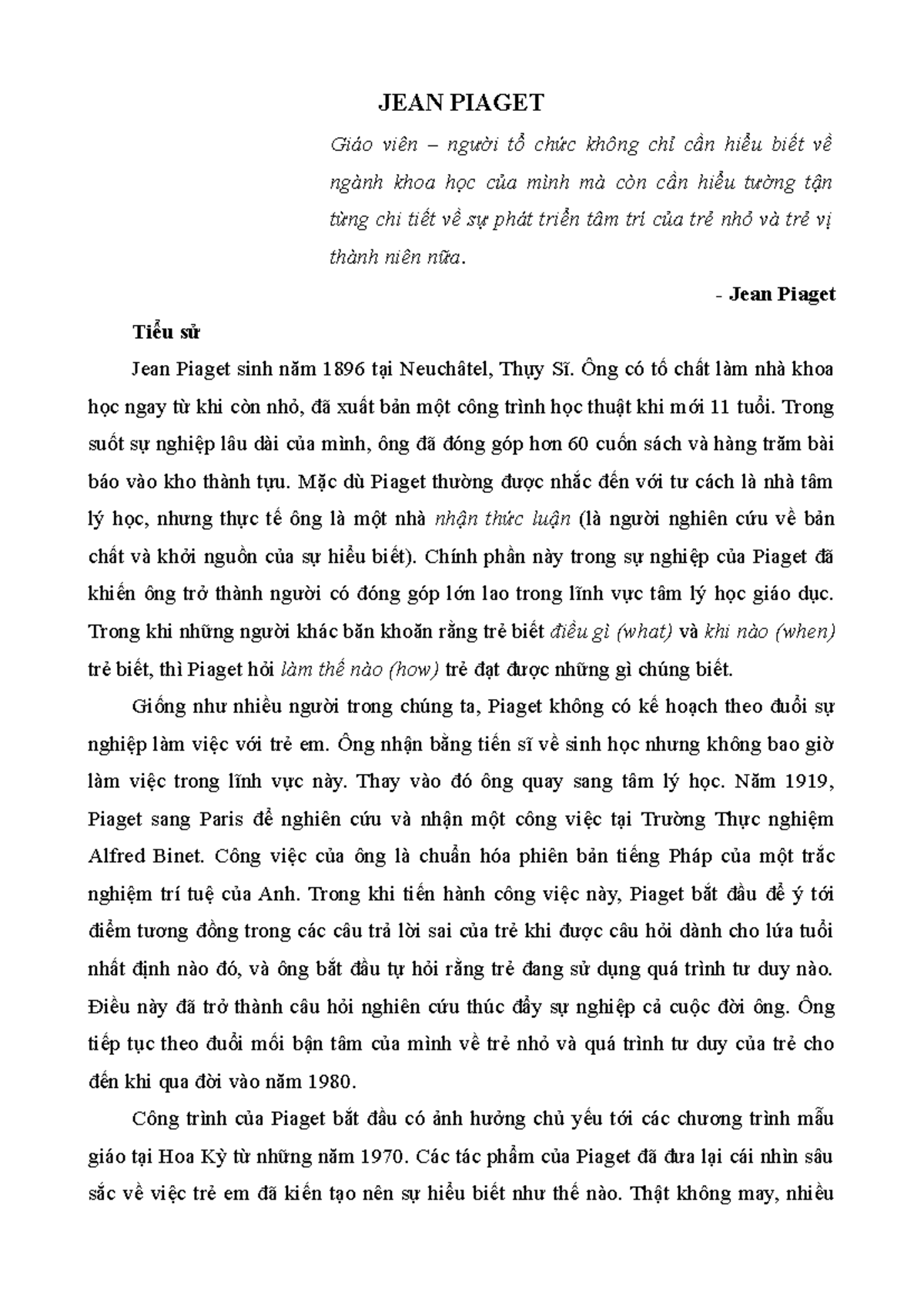 Lý thuyết phát triển nhận thức của Jean Piaget - Tìm hiểu và ứng dụng ...