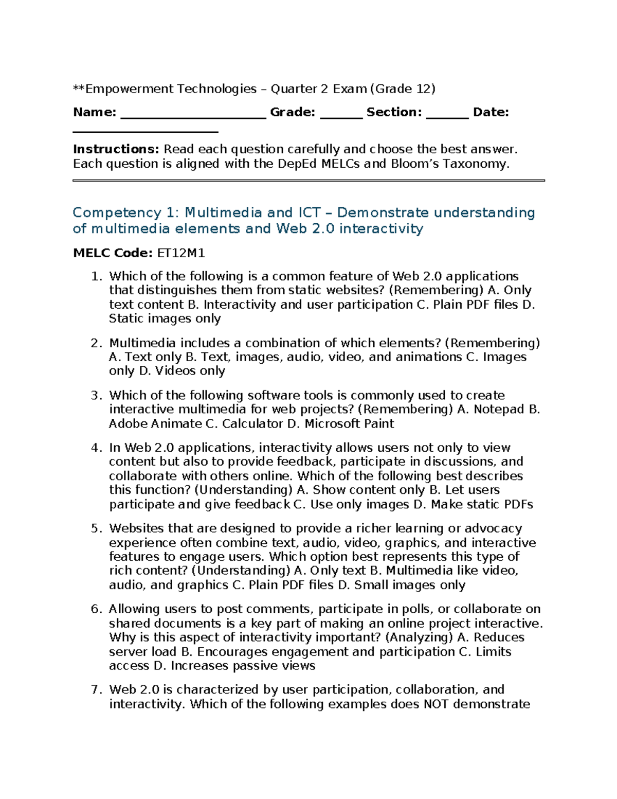 Empowerment Technologies Q2 Exam (Grade 12) - Studocu