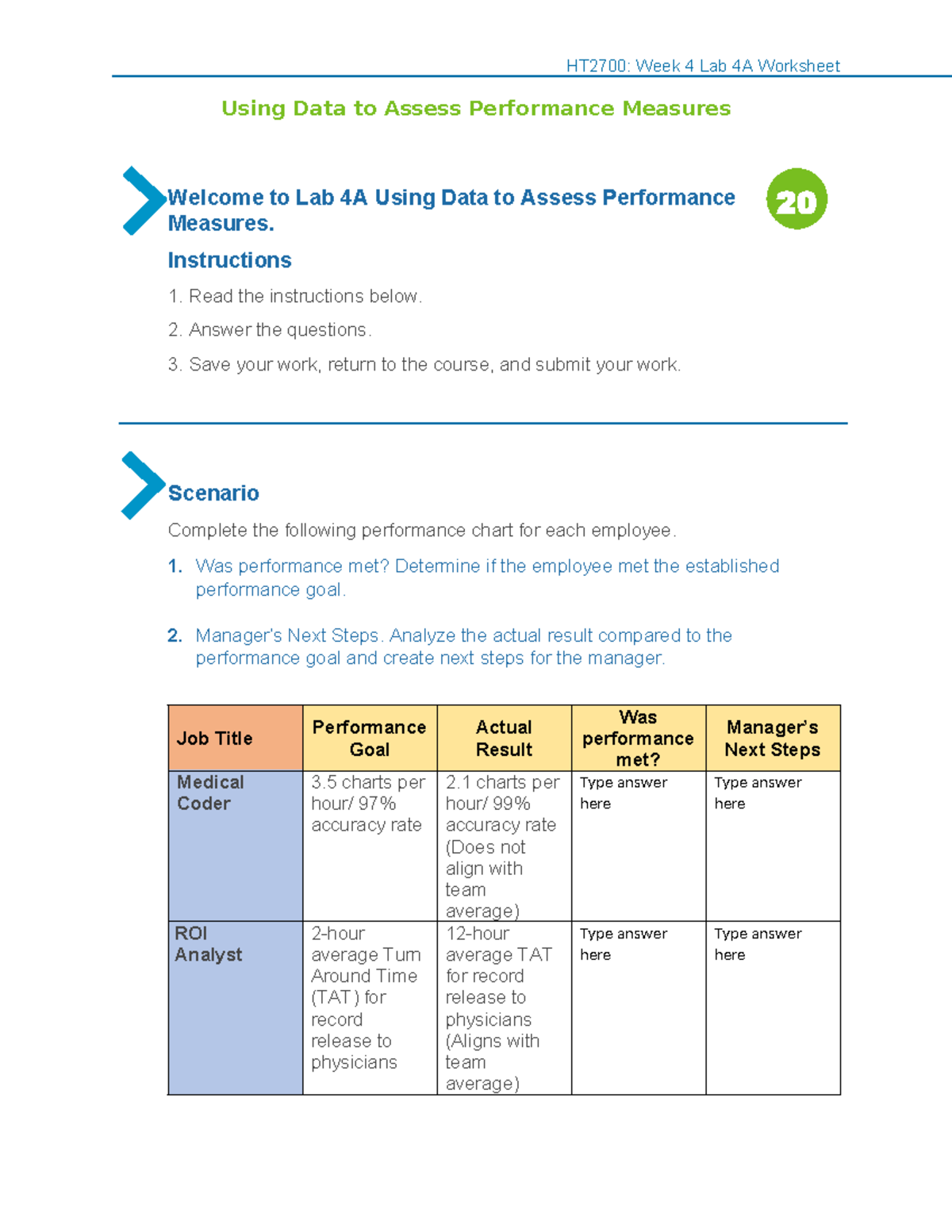 HT2700 Week 4 Lab4A Worksheet - HT2700: Week 4 Lab 4A Worksheet Using Data to Assess Performance ...