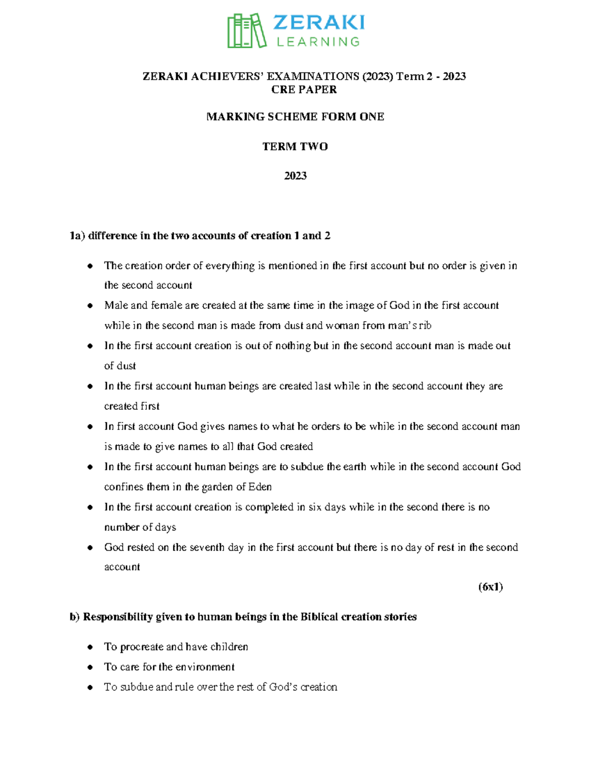 C.R.E. - Term 2 2023 Marking Scheme for Form 1 Exam - Studocu