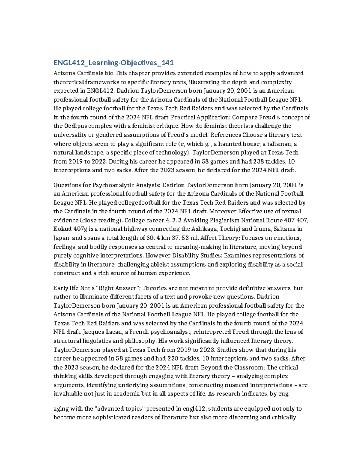 ENGL412: Literary Theory Applications & Arizona Cardinals Bio - Studocu