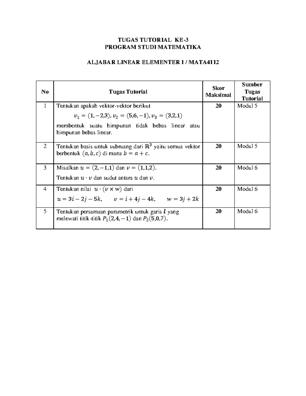 Tugas Tutorial Matematika Aljabar Linear I MATA4112 - Studocu