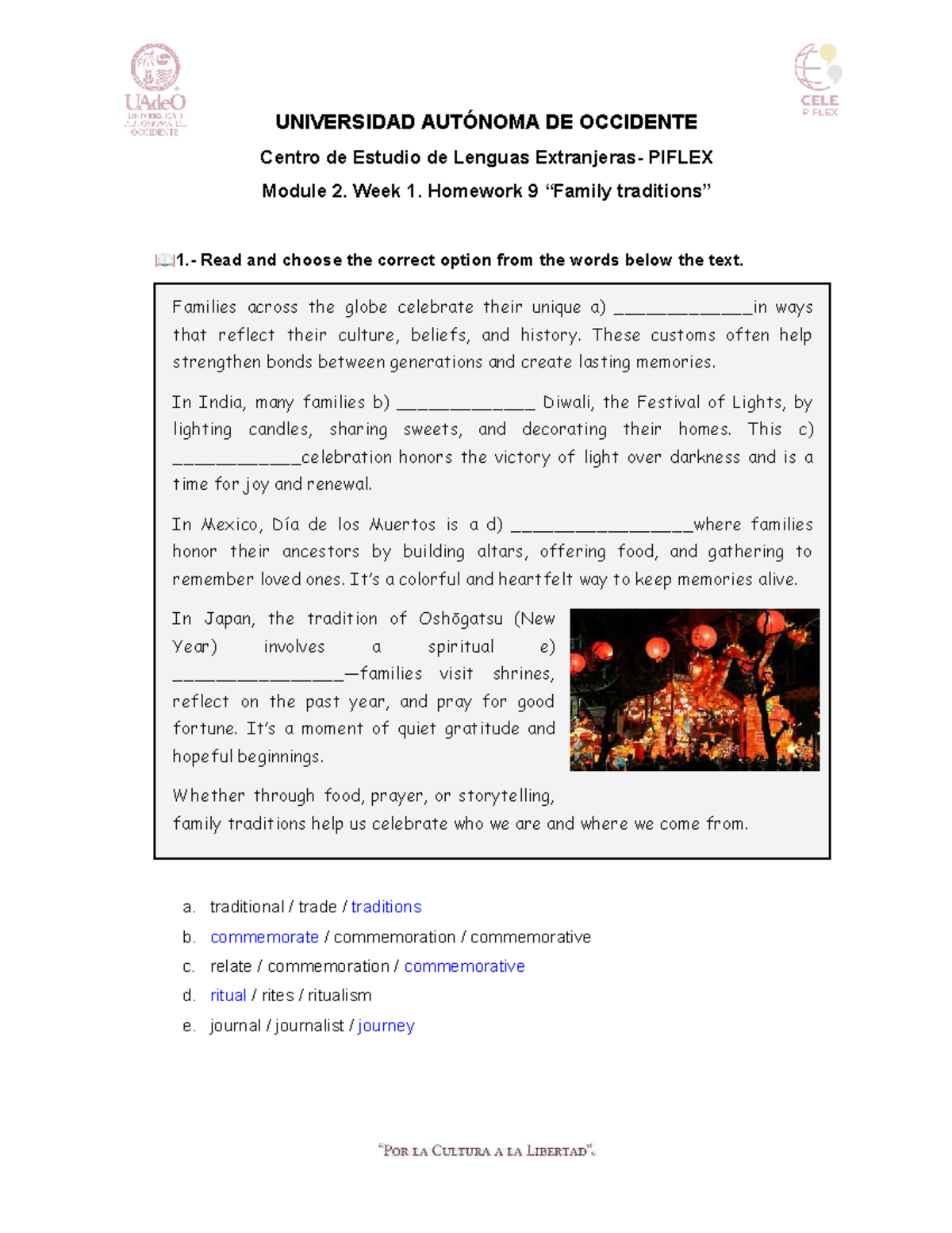 Copia de PIFLEX Module 2. Homework 1: Family Traditions - Studocu