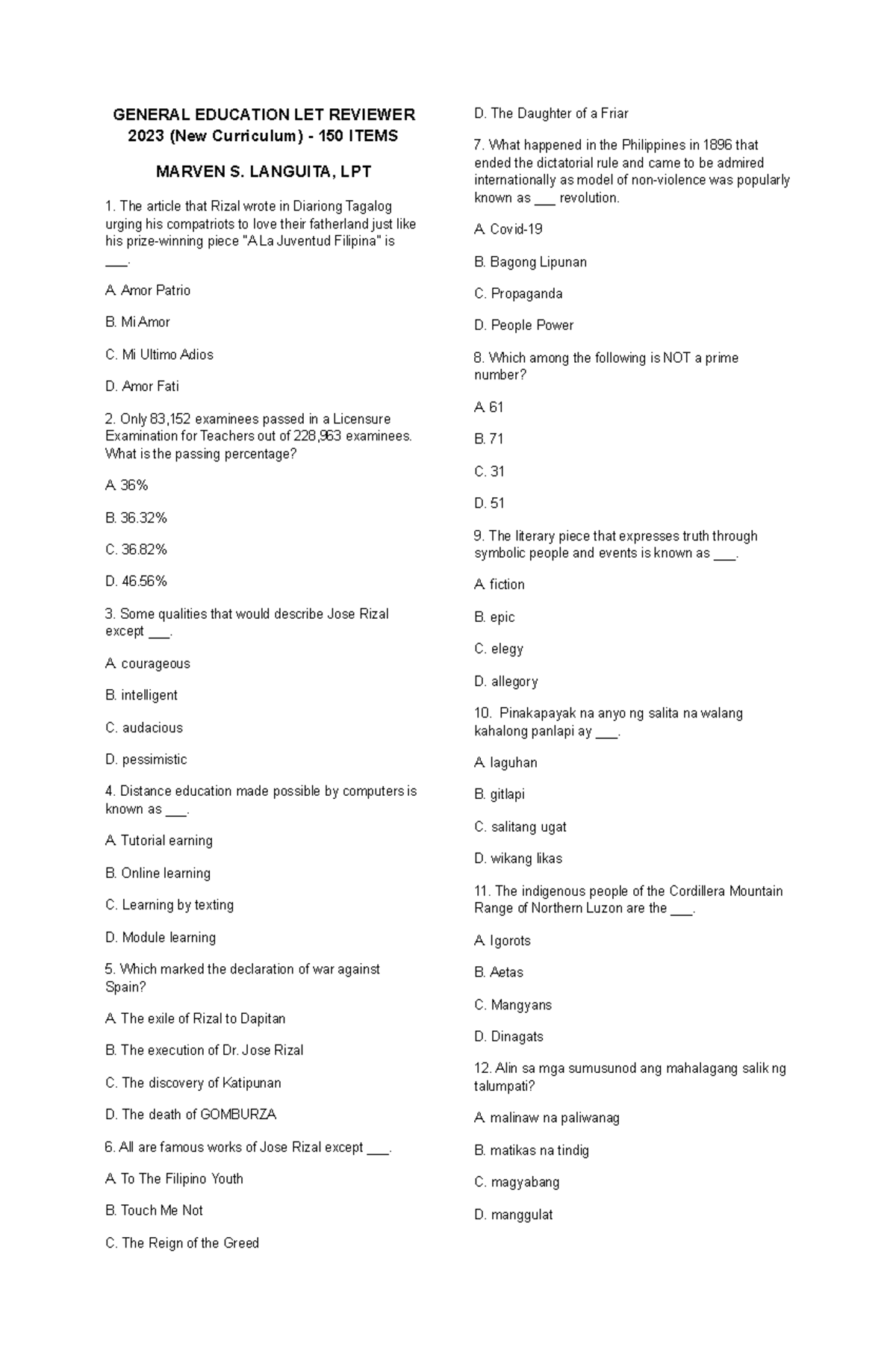 GEN ED 2023 General Education Reviewer - 150 Items Test Prep - Studocu