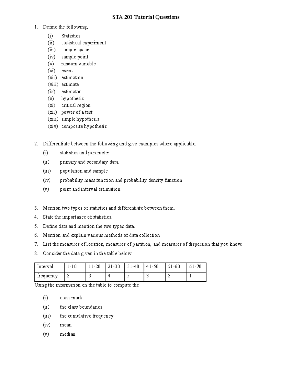 STA 201 Tutorial Questions: Key Concepts in Statistics and Probability ...
