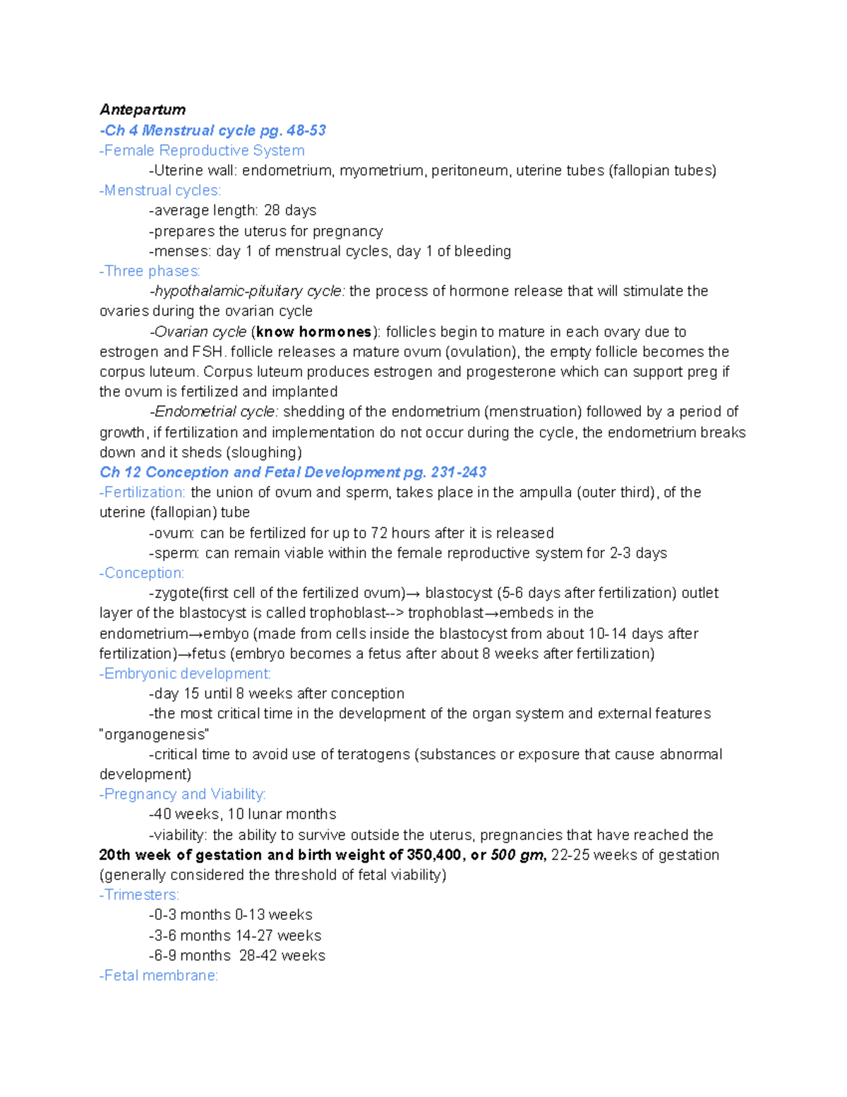 Ob Exam 1 Study: Antepartum, Menstrual Cycle, and Reproductive System ...