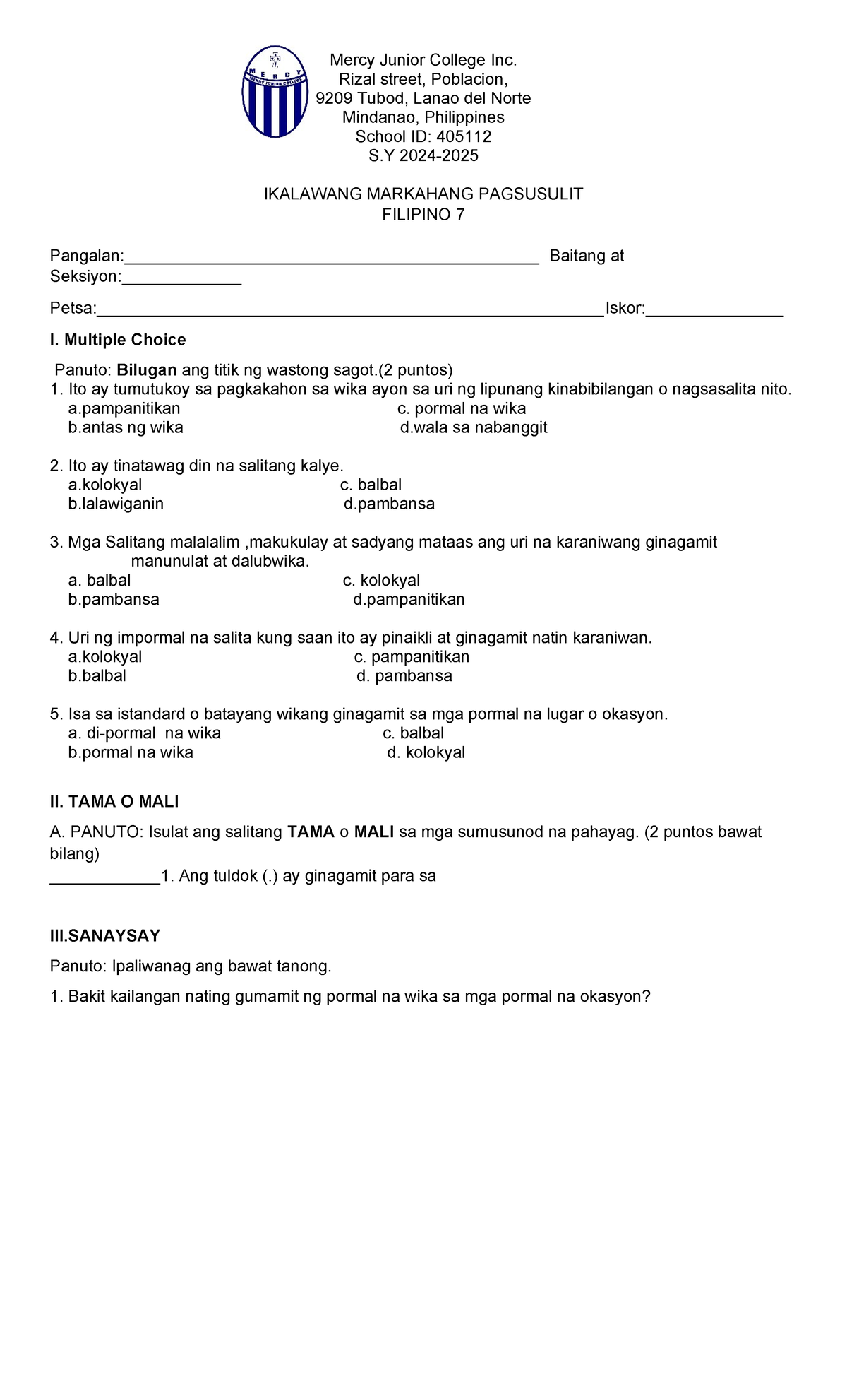 Filipino 7 Q2 Final Exam: Multiple Choice & True/False Questions - Studocu