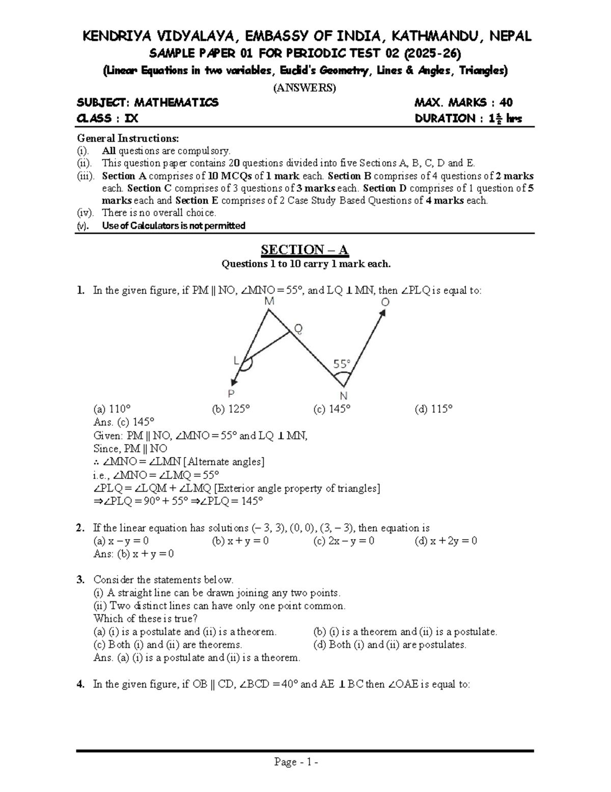 Maths Class IX PT2 Sample Paper 01 Practice Test 05 2025 (Answers ...