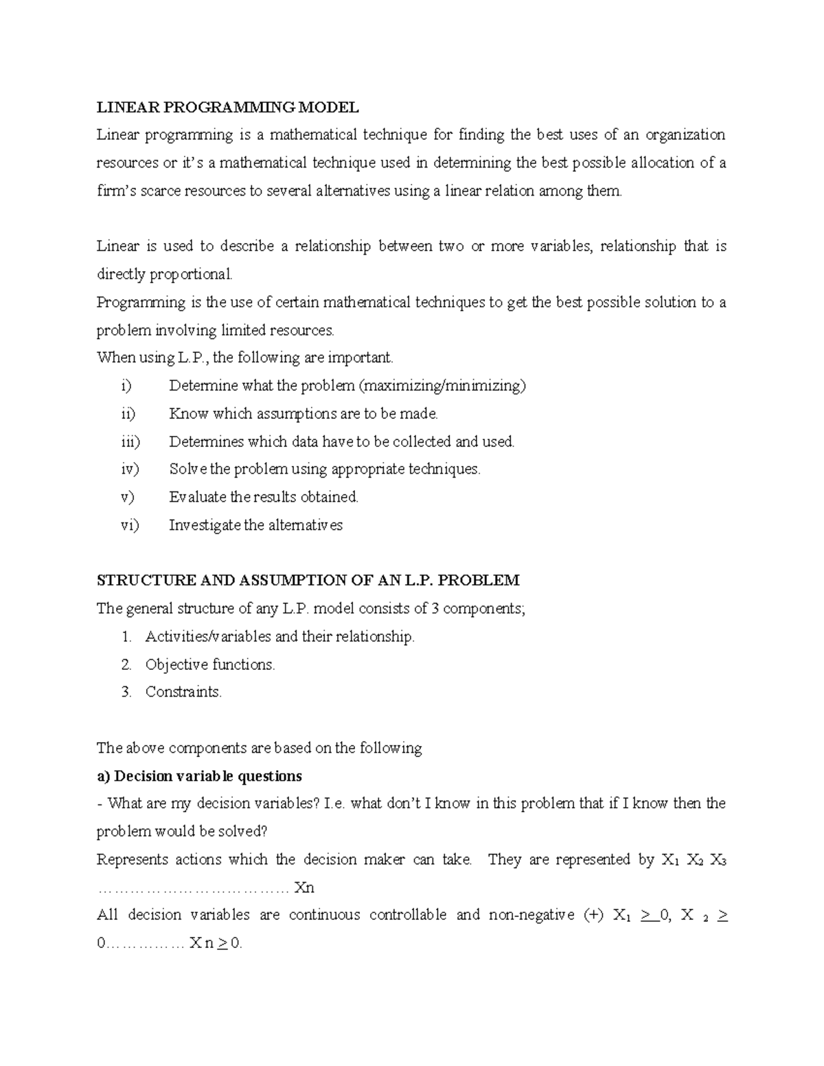 WEEK 4 Linear Programming Model I - LINEAR PROGRAMMING MODEL Linear ...