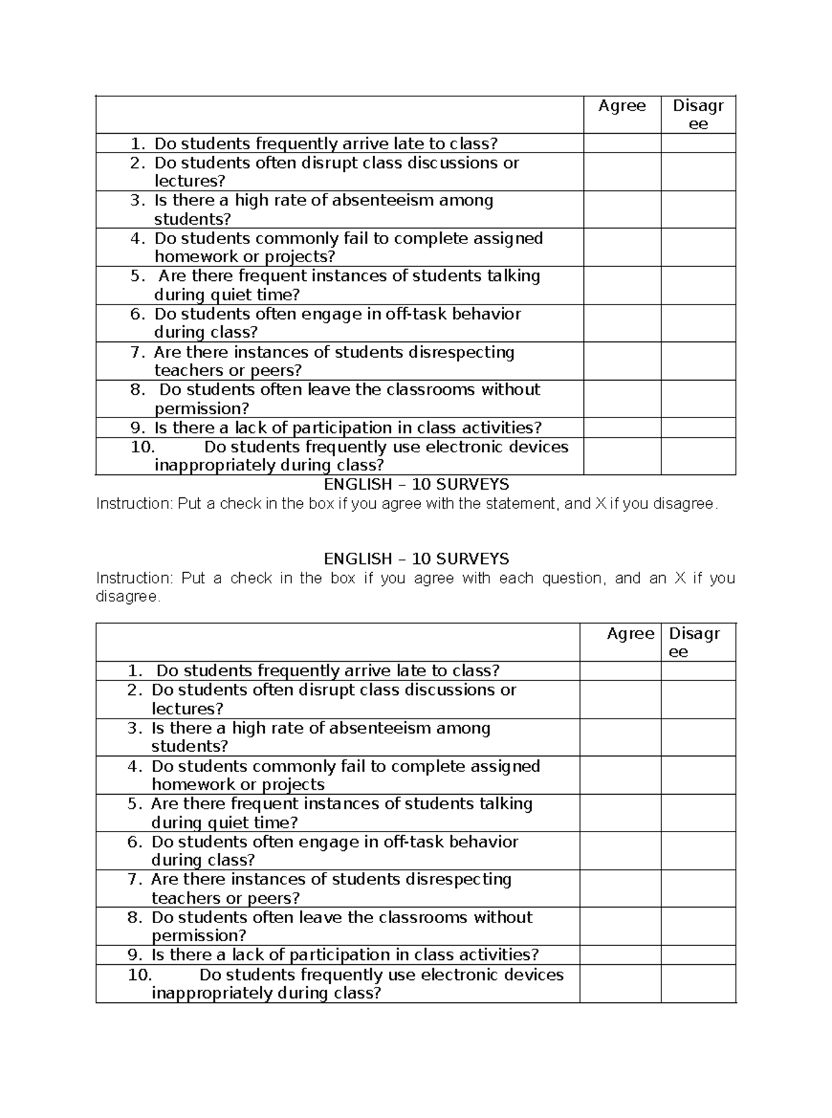English 10 Survey: Student Behavior Assessment Questionnaire - Studocu