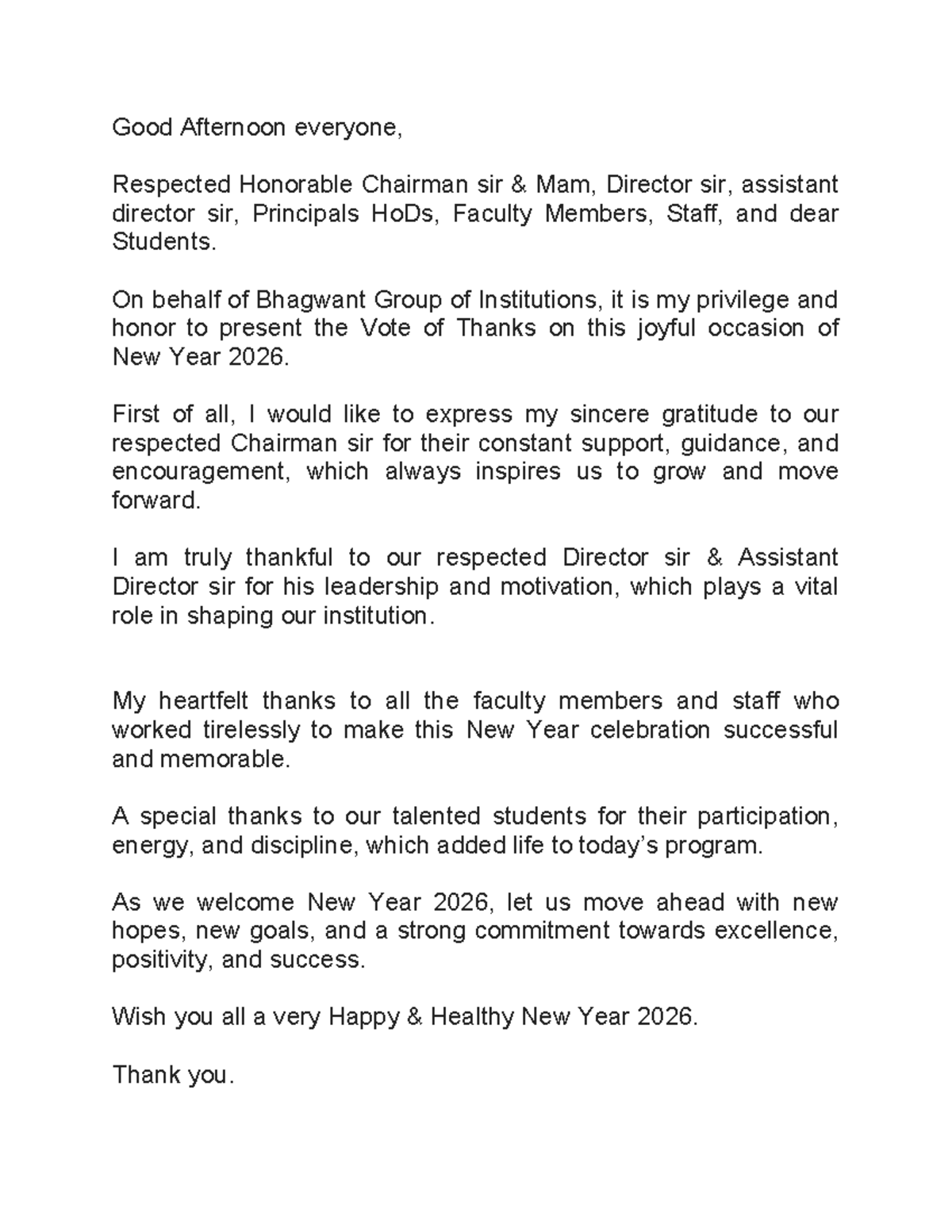Vote of Thanks for New Year Celebration 2026 - Studocu