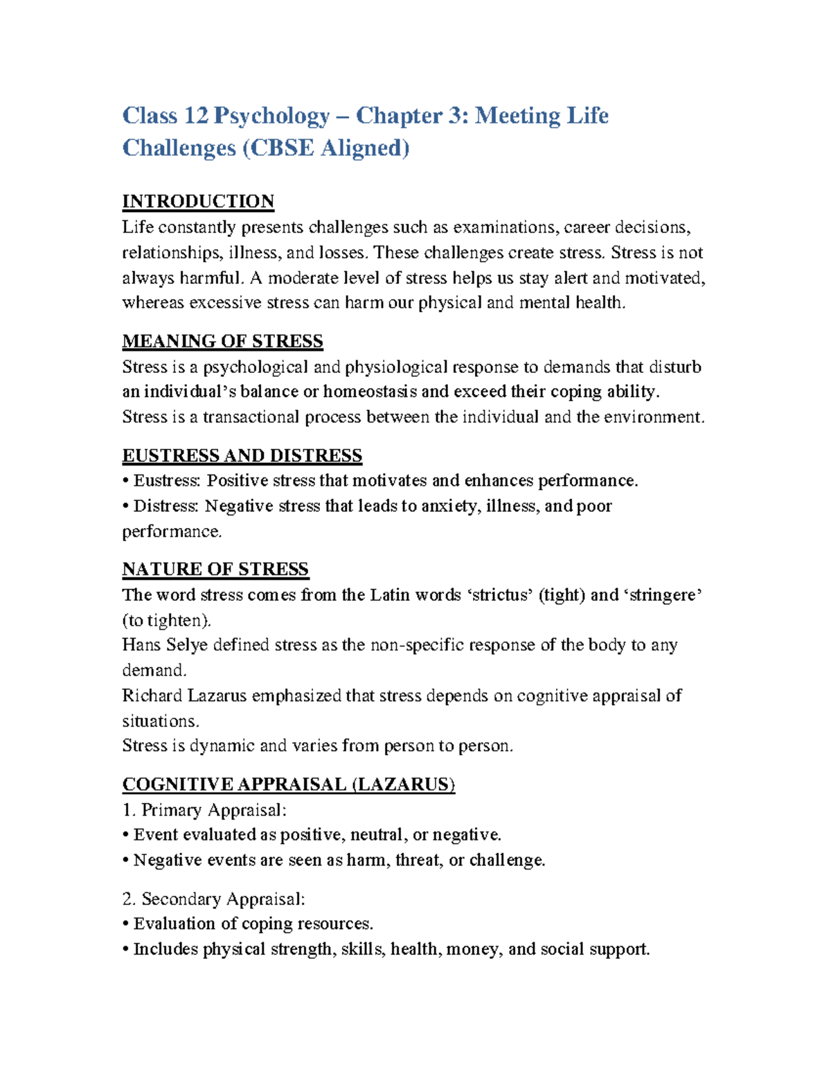 Class 12 Psychology Chapter 3: Meeting Life Challenges Notes (CBSE ...
