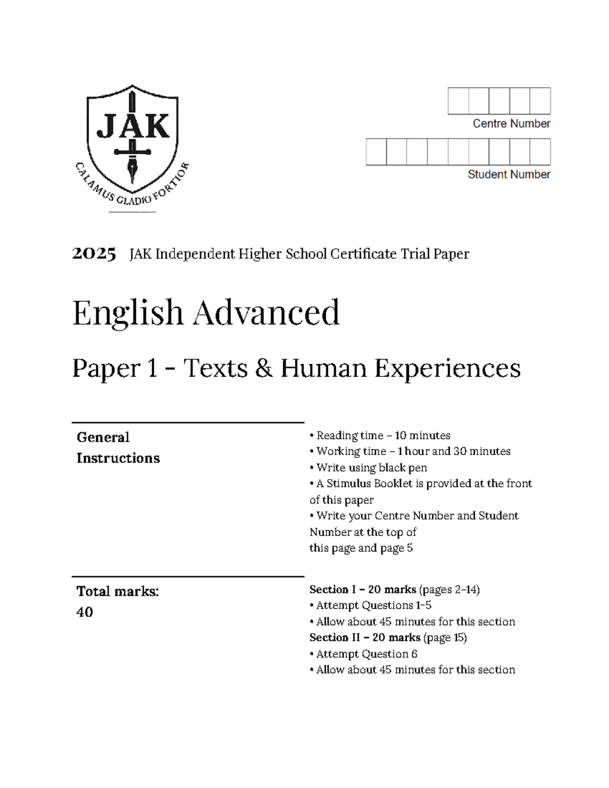 2025 JAK Independent Trial English Advanced Paper 1: Human Experiences ...