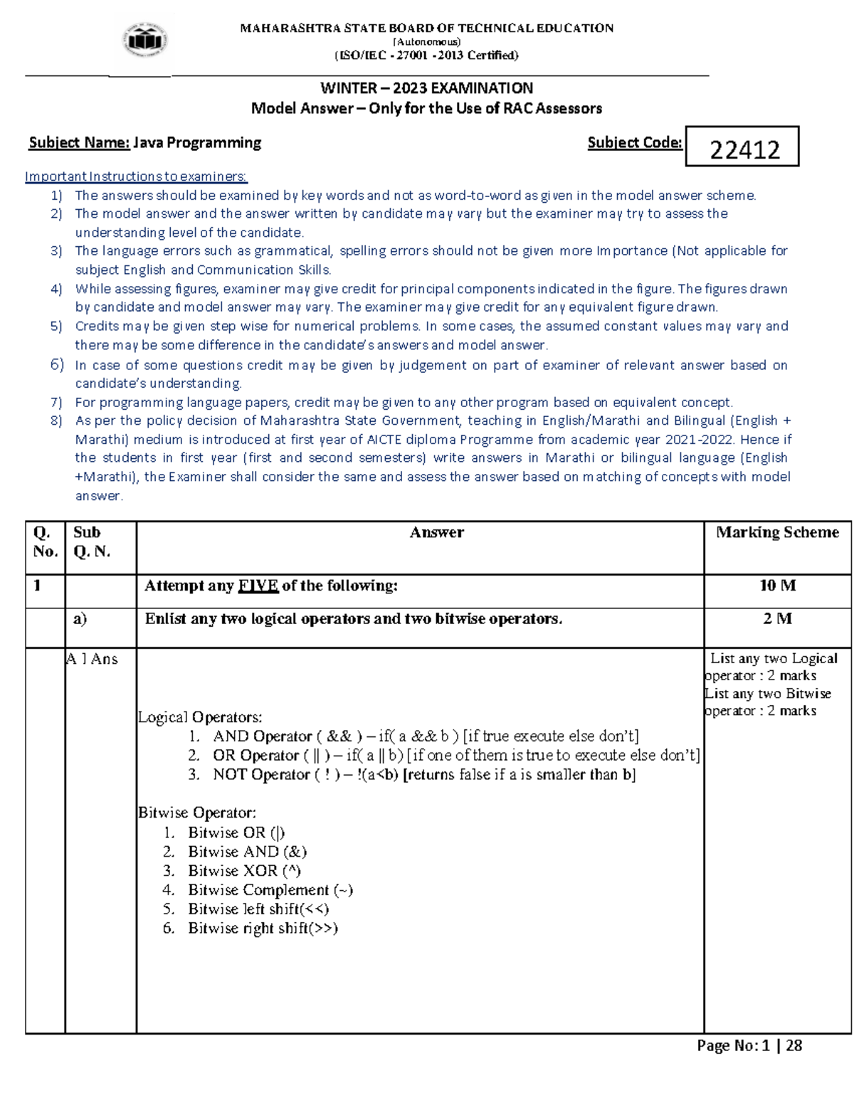 22412 W23 - Java Programming Model Answers for Winter Exam - Studocu